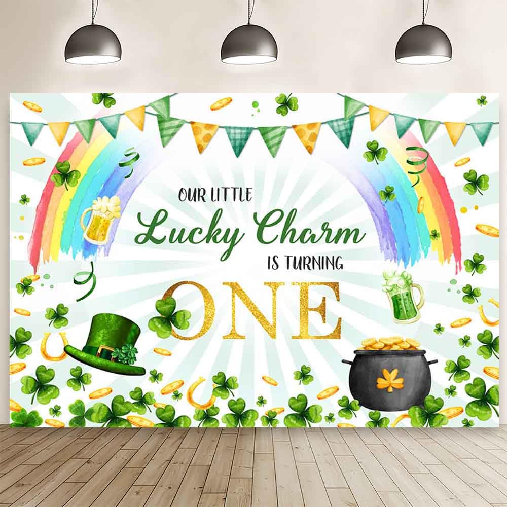 MEHOFOND 7x5ft St. Patrick's Day 1st Birthday Backdrop Lucky Charm Photography Background Green Shamrock Rainbow Gold Coins Beer Decorations for Irish Baby 1st Bday Party Cake Table Banner Photo Props