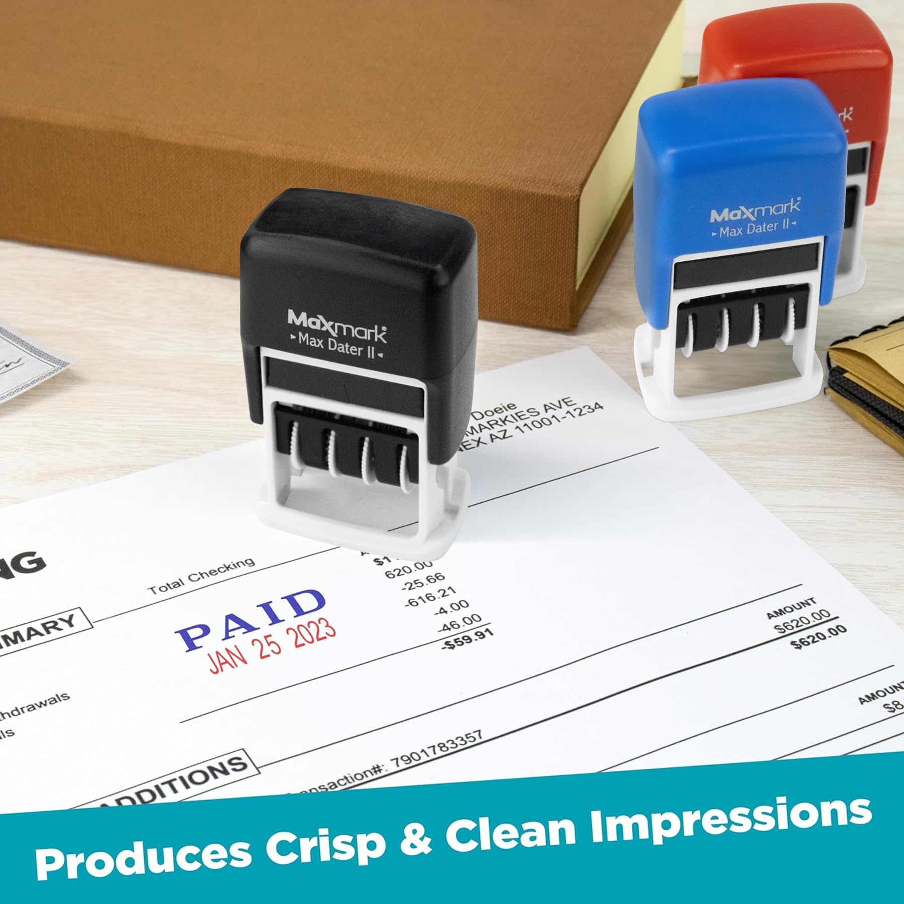 MaxMark Self-Inking Rubber Date Office Stamp with Received Phrase Blue Ink & Date RED Ink (Max Dater II), 12-Year Band