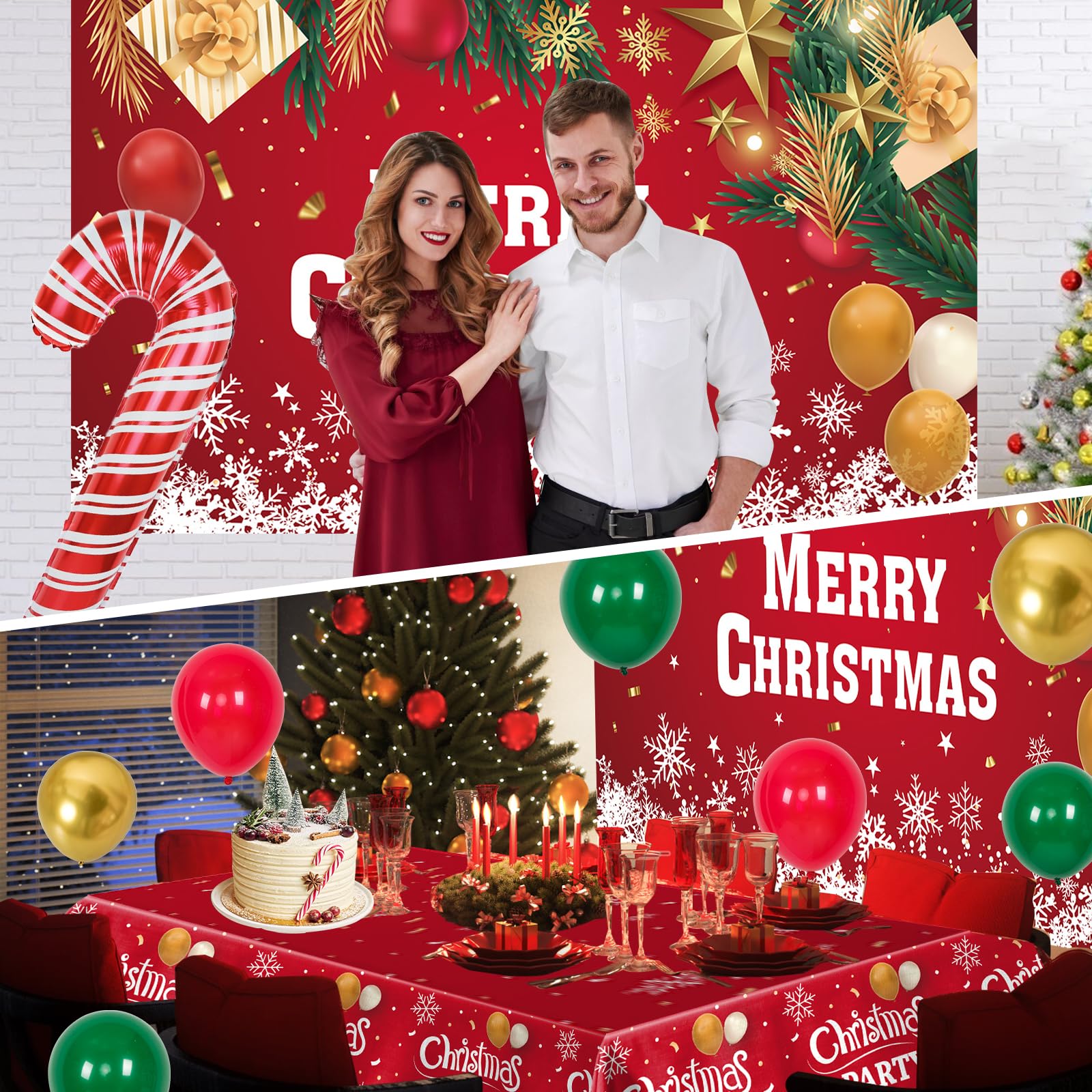Christmas Decorations, Christmas Party Decorations-Christmas Balloon Arch Garland Kit with Green Red Candy Cane Balloons, Merry Christmas Backdrop Banner Tablecloths for XMAS Decorations Supplies