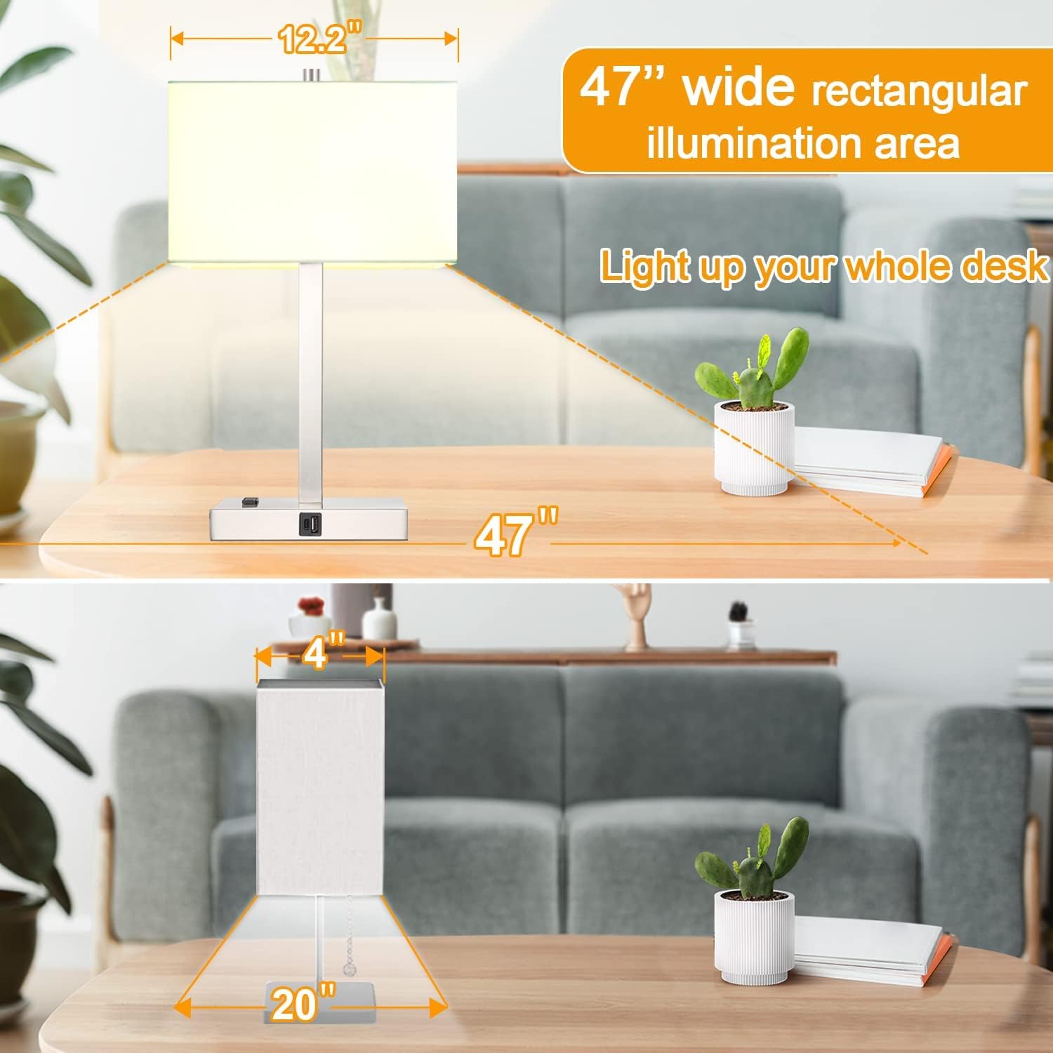 【Upgraded】21" Set of 2 Bedside Touch Control Table Lamp with USB A+C Charging Ports & AC Outlet, 3-Way Dimmable Modern Nightstand Lamp With White Shade for Bedroom, 2700K LED Bulbs Included
