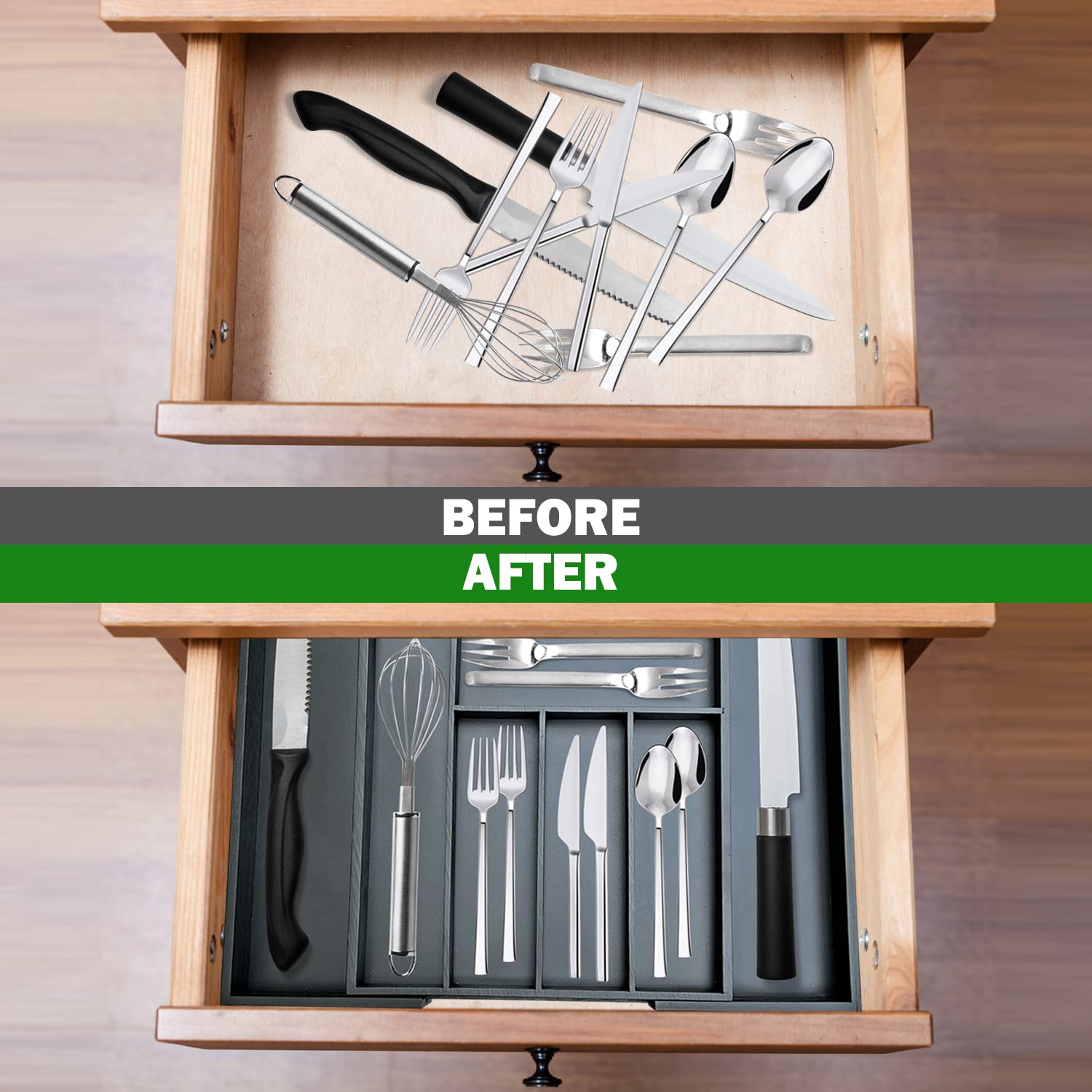 ZHOMA Bamboo Expandable Kitchen Drawer Organizer for Utensils Holder - Silverware Organizer/Utensil Holder and Cutlery Tray with Grooved Drawer Dividers - Black