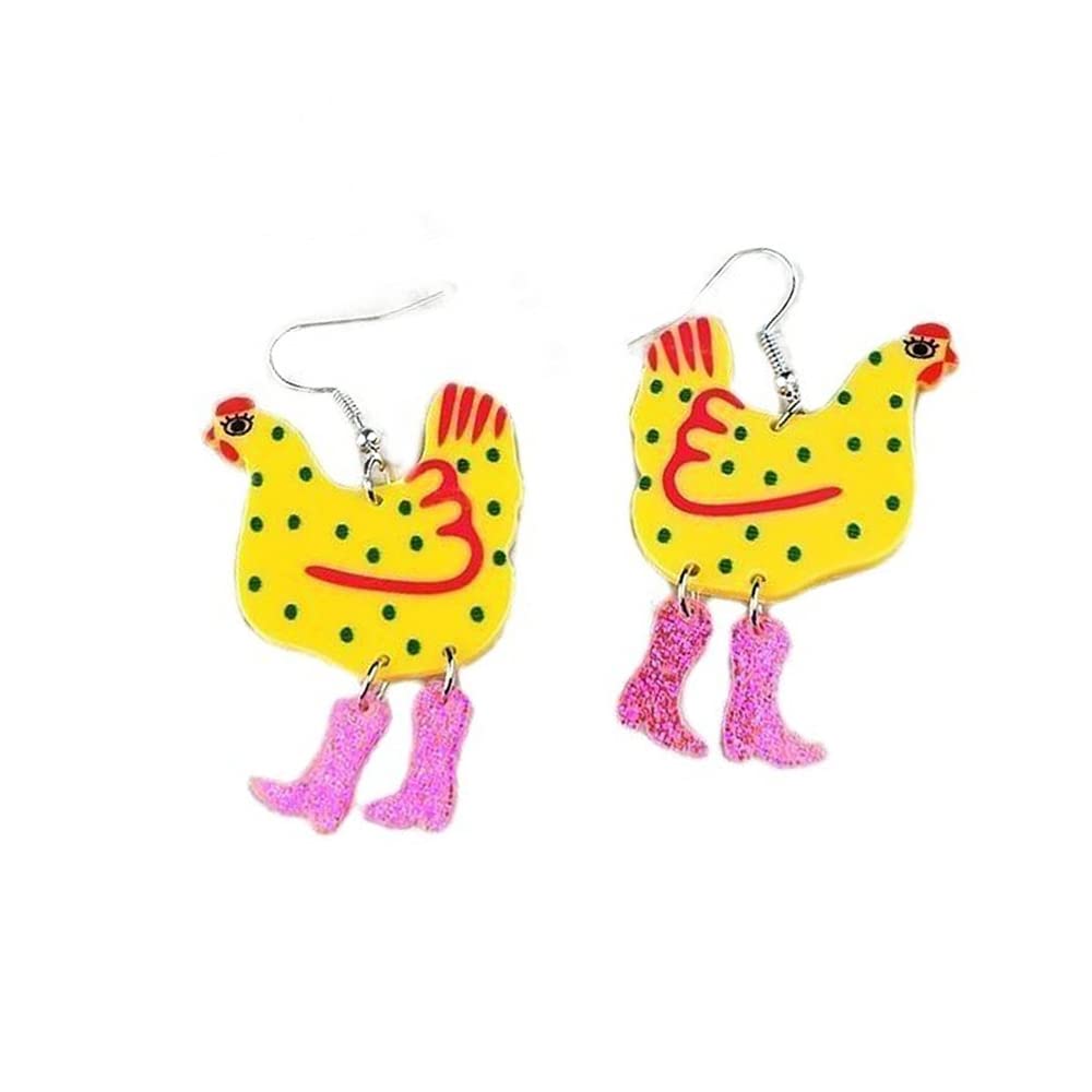 Acrylic Boot Big Chicken Earrings Funny Weird Lightweight Colorful Boots Chicken Dinosaur Dangle Earrings Cock Drop Hen Chicken Dinosaur Earrings For Women Animal Jewelry-A Yellow