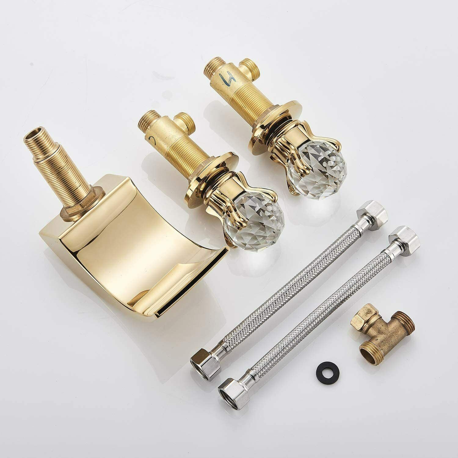 MOSSON LED Bathroom Faucet Brass Bathroom Sink Faucet 3 Hole 8 Inch Basin Mixer Tap Gold Bath Faucet 2 Crystal Knobs Vanity Lavatory Faucet for Bathroom