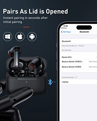 Baseus Wireless Earbuds, Active Noise Cancelling Bluetooth 5.2 Earbuds with 4 ENC Mics & Wireless Charging Case, 38ms Low Latency 30H Playtime Bluetooth Headphones for iPhone and Android(Bowie M2+)