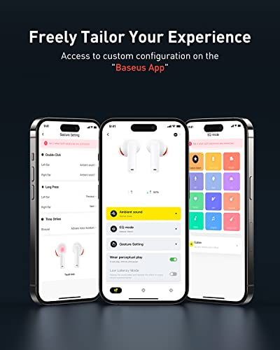 Baseus Wireless Earbuds, Active Noise Cancelling Bluetooth 5.2 Earbuds with 4 ENC Mics & Wireless Charging Case, 38ms Low Latency 30H Playtime Bluetooth Headphones for iPhone and Android(Bowie M2+)