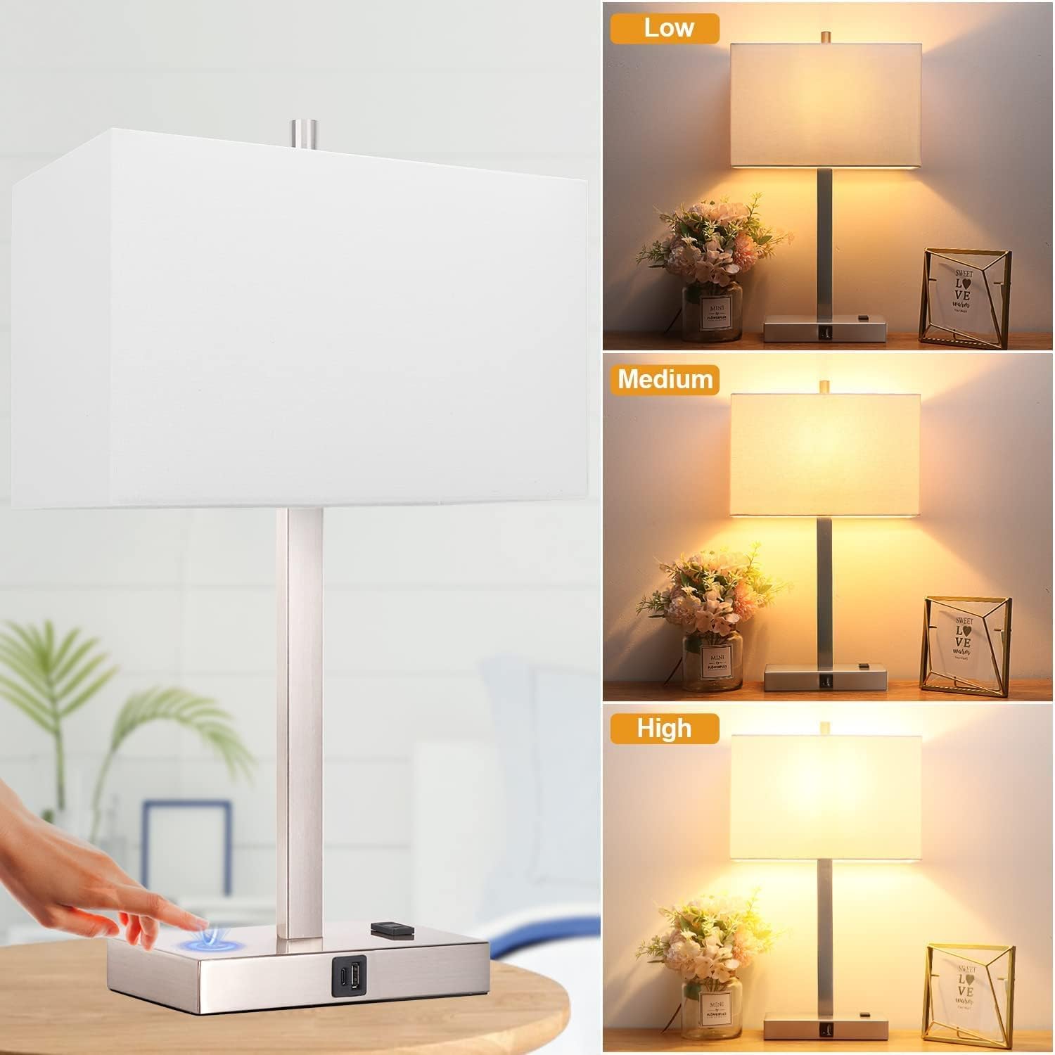 【Upgraded】21" Set of 2 Bedside Touch Control Table Lamp with USB A+C Charging Ports & AC Outlet, 3-Way Dimmable Modern Nightstand Lamp With White Shade for Bedroom, 2700K LED Bulbs Included