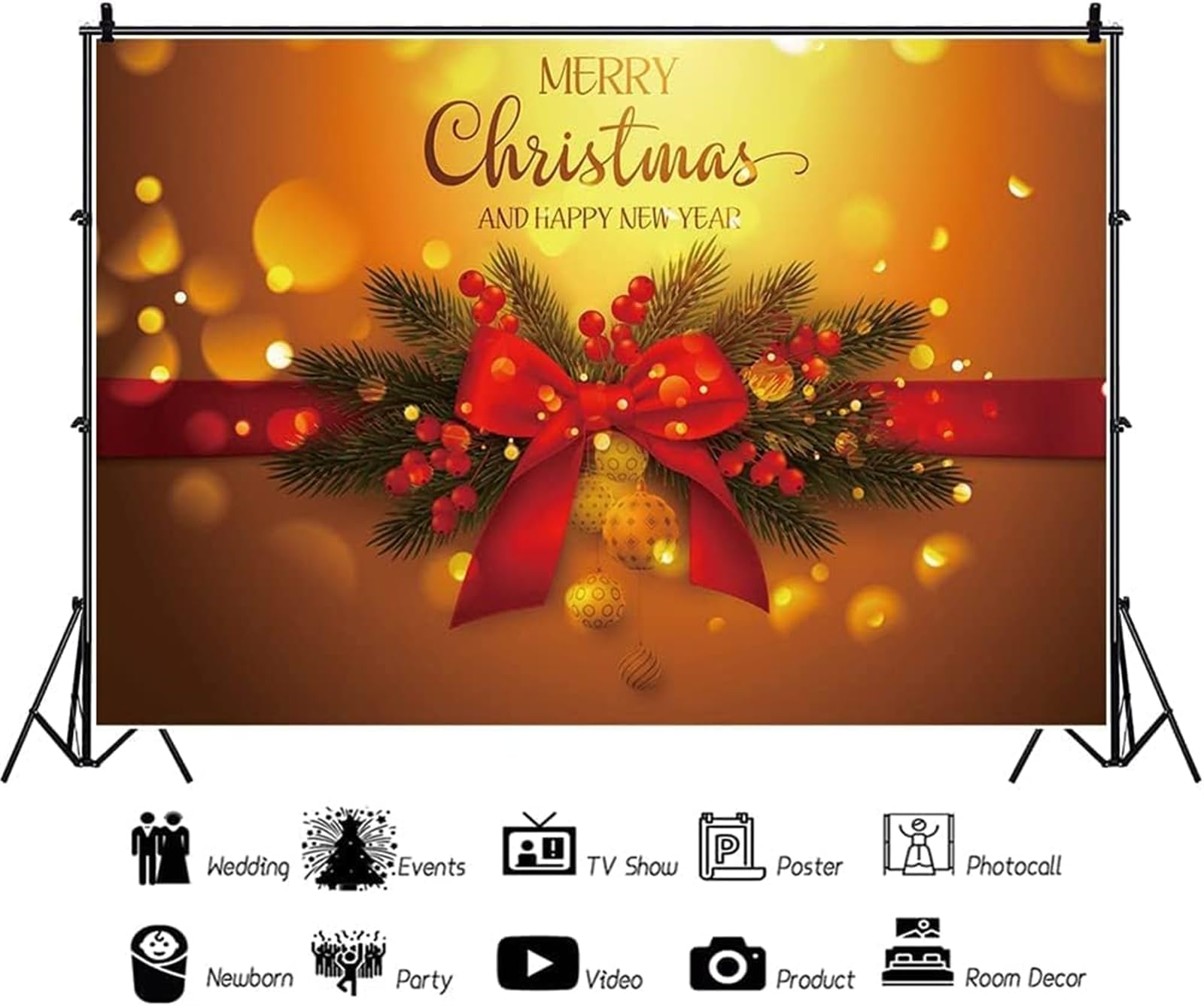 Yeele 5x3ft Christmas Backdrop for Party Happy New Year Red Bow Pine Cones Gold Lighting Lantern Balls Vinyl Background Kids Xmas Party Decorations Banner Photo Booth Props