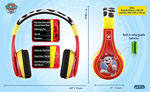 eKids Paw Patrol Kids Bluetooth Headphones, Wireless Headphones with Microphone Includes Aux Cord, Volume Reduced Kids Foldable Headphones for School, Home, or Travel