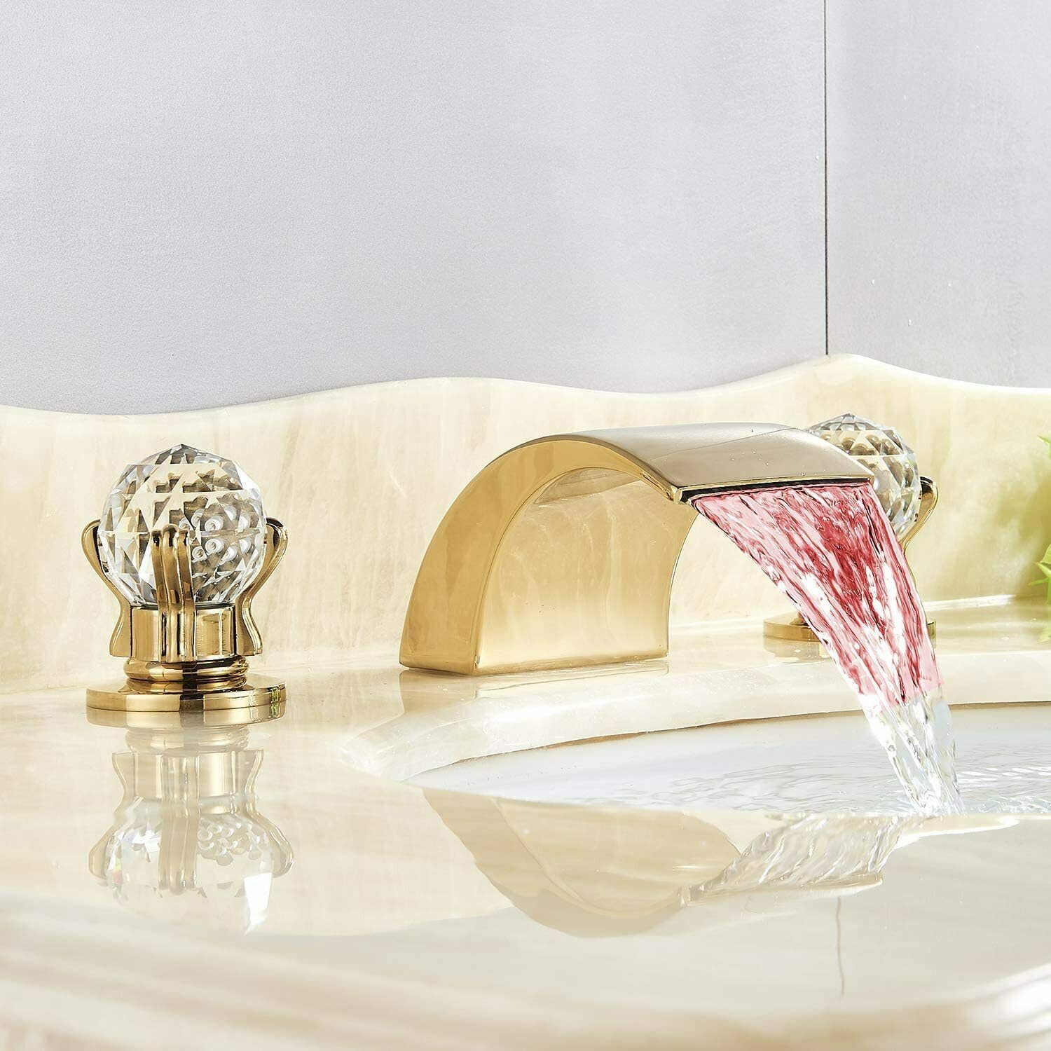 MOSSON LED Bathroom Faucet Brass Bathroom Sink Faucet 3 Hole 8 Inch Basin Mixer Tap Gold Bath Faucet 2 Crystal Knobs Vanity Lavatory Faucet for Bathroom