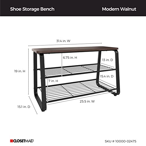 ClosetMaid 3-Tier Shoe Rack Bench - Metal Frame, Wire Shelves, Wood Seat - Entryway, Hallway, Living Room, Mudroom Organizer - Modern Walnut Finish