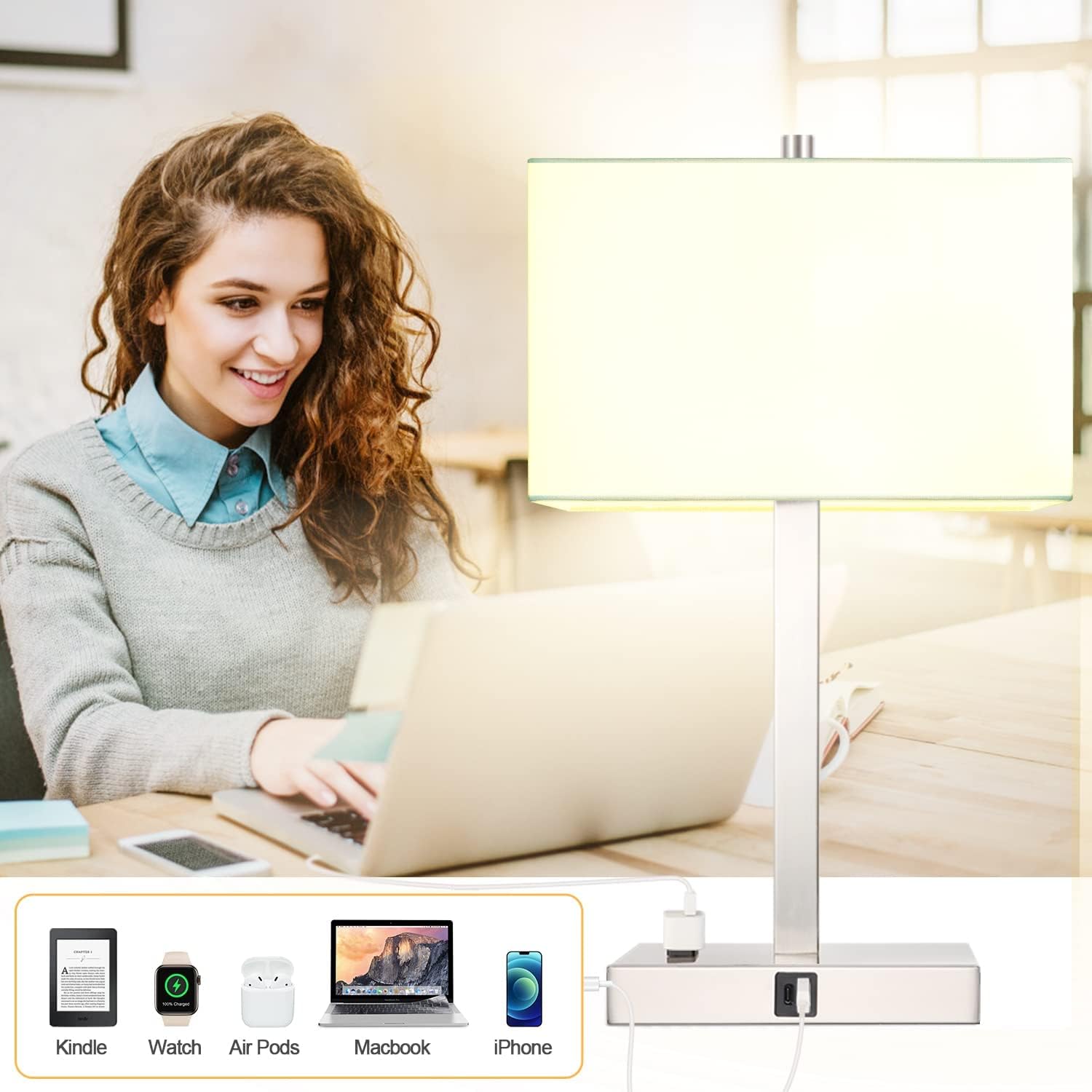 【Upgraded】21" Set of 2 Bedside Touch Control Table Lamp with USB A+C Charging Ports & AC Outlet, 3-Way Dimmable Modern Nightstand Lamp With White Shade for Bedroom, 2700K LED Bulbs Included