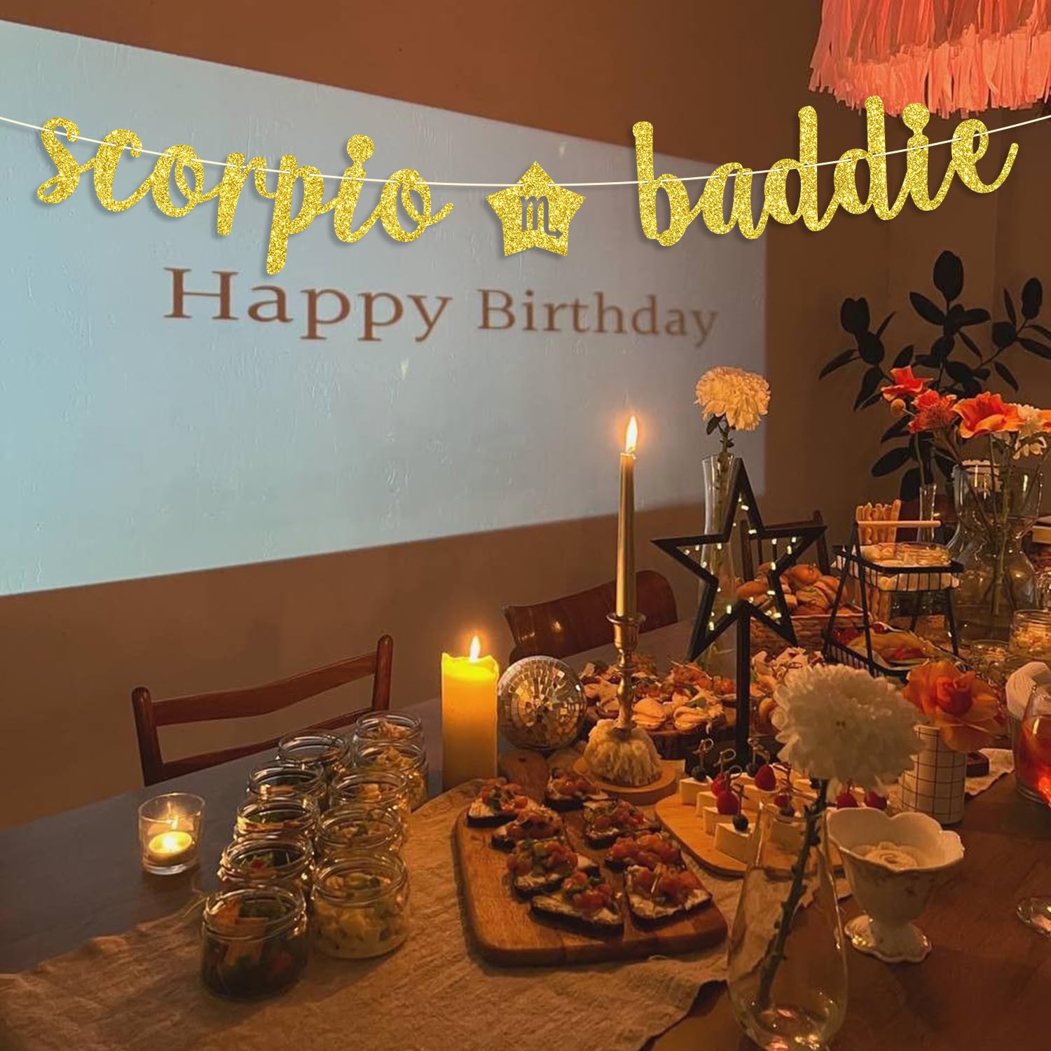 Scorpio Baddie Banner, Scorpio Happy Birthday Decor, 12 Constellation Zodiac Scorpio Themed Birthday Party Decorations for Boys and Girls - Gold Glitter