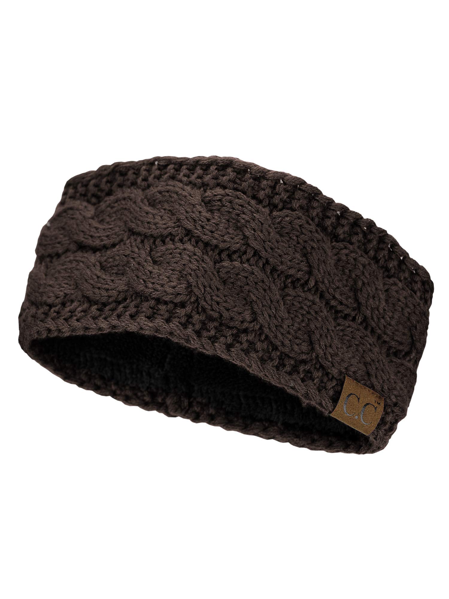 C.C Soft Stretch Winter Warm Cable Knit Fuzzy Lined Ear Warmer Headband, Brown