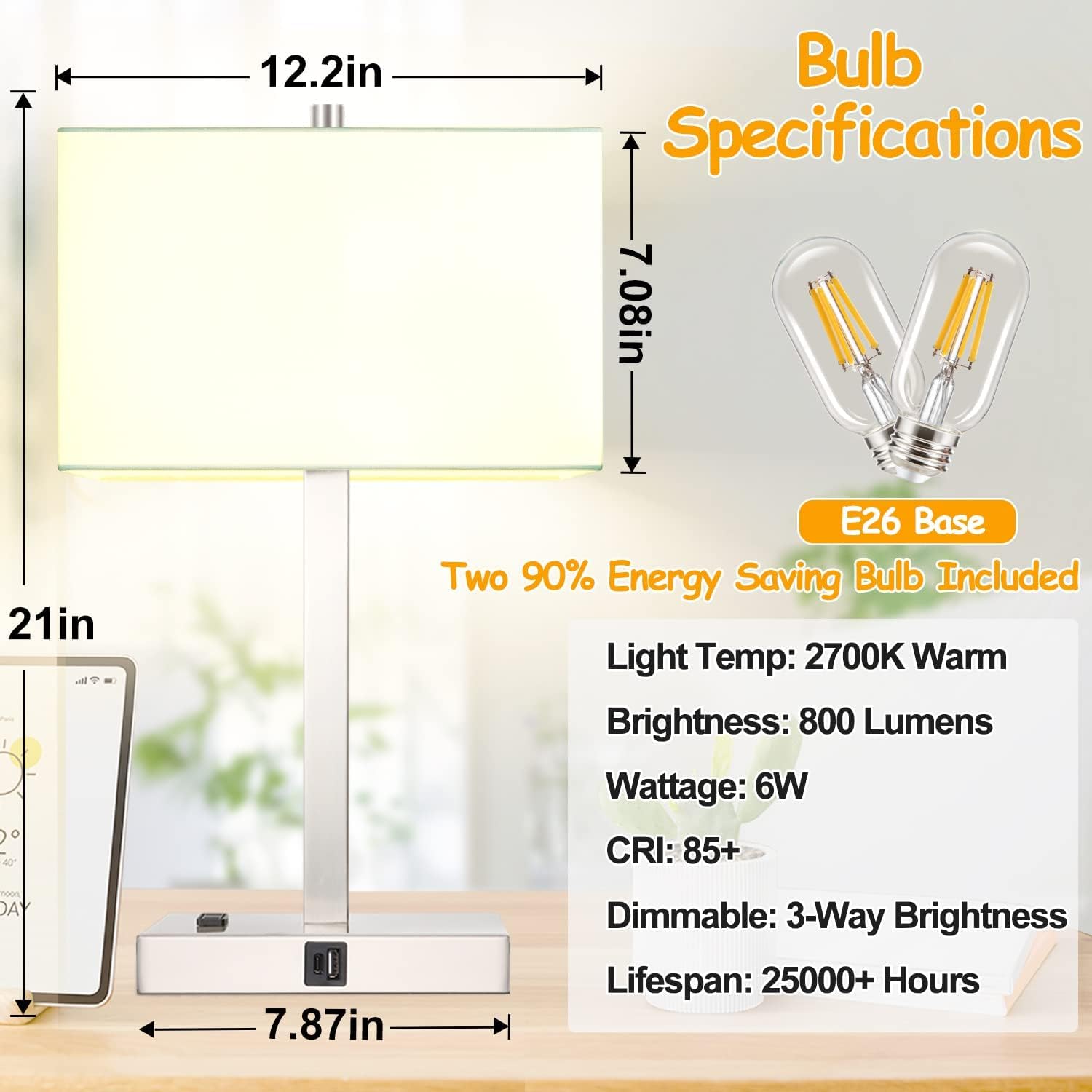 【Upgraded】21" Set of 2 Bedside Touch Control Table Lamp with USB A+C Charging Ports & AC Outlet, 3-Way Dimmable Modern Nightstand Lamp With White Shade for Bedroom, 2700K LED Bulbs Included
