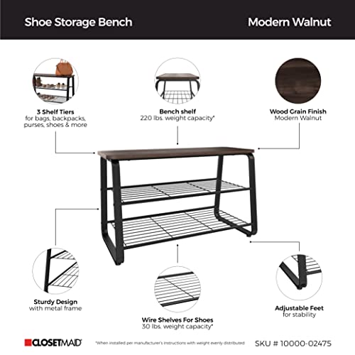 ClosetMaid 3-Tier Shoe Rack Bench - Metal Frame, Wire Shelves, Wood Seat - Entryway, Hallway, Living Room, Mudroom Organizer - Modern Walnut Finish