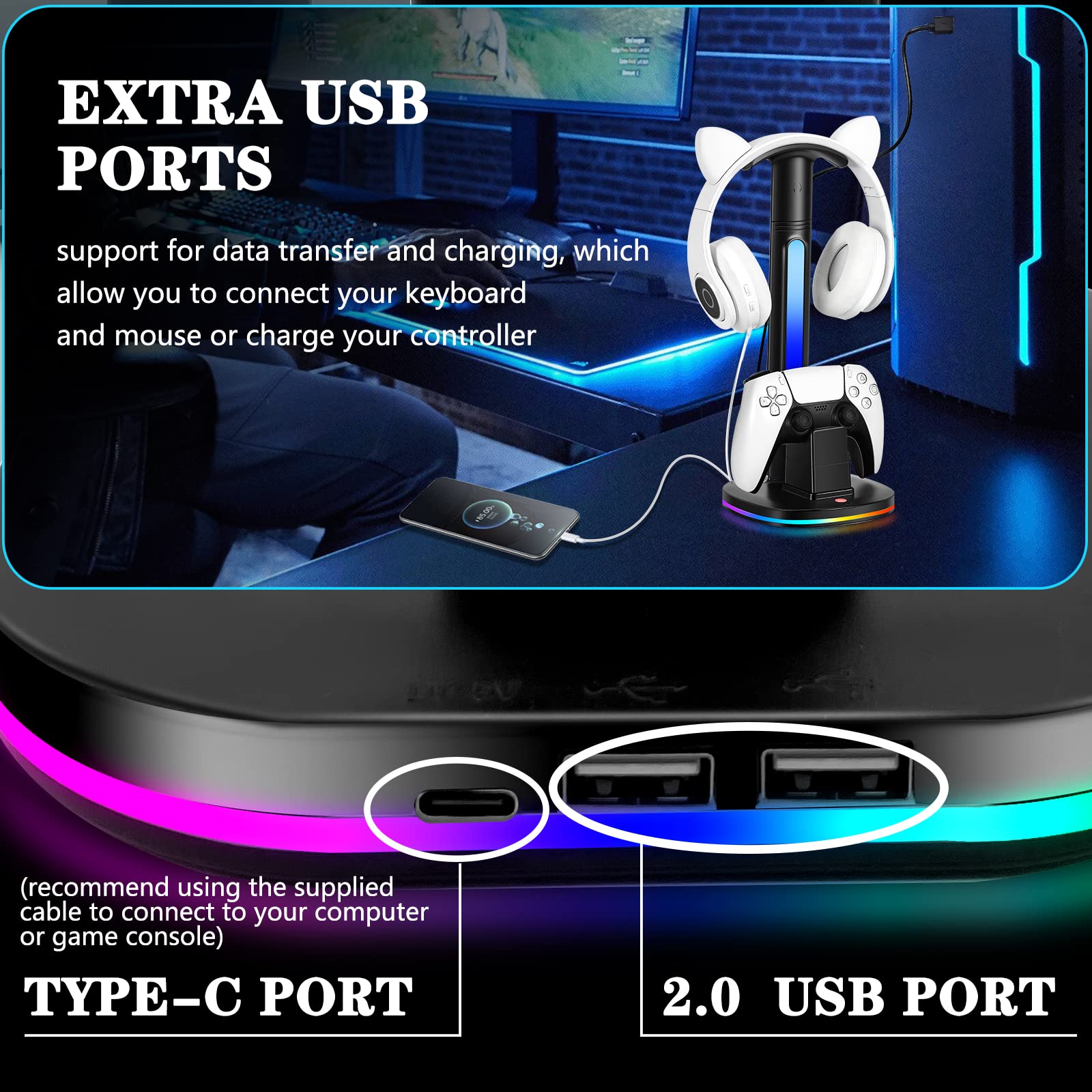 JDGPOKOO PS5 Controller Charging Station with RGB Headphone Stand, PS5 Controller Charger Holder with 2 USB Port, Headset Stand for PlayStation 5 Controller & DualSense Edge Controller Charging Dock