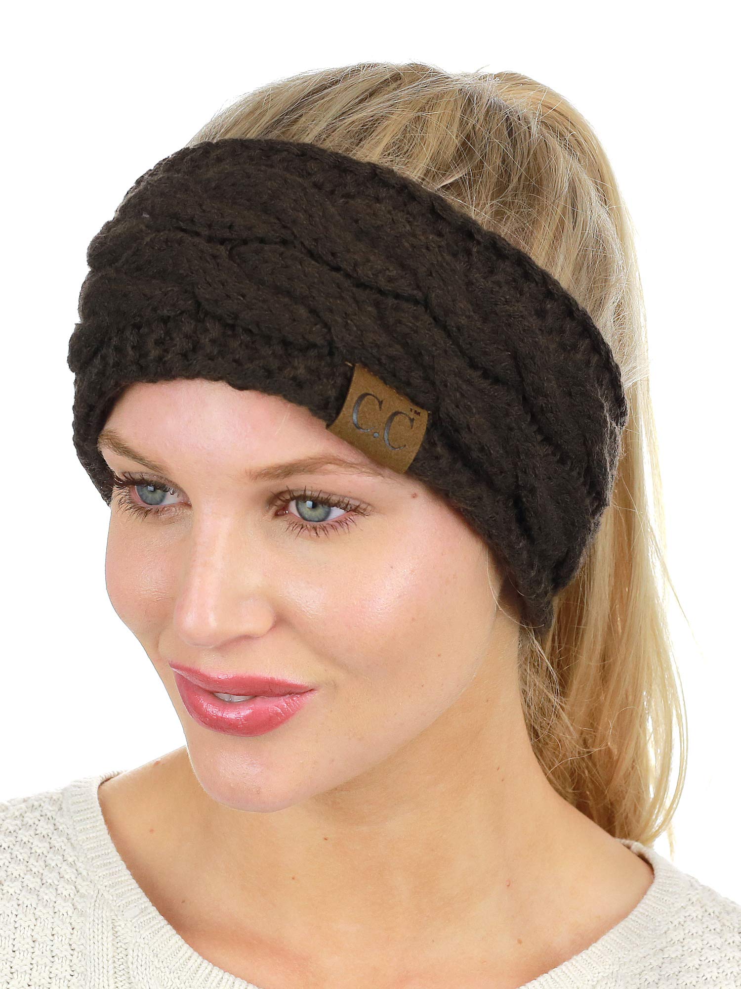 C.C Soft Stretch Winter Warm Cable Knit Fuzzy Lined Ear Warmer Headband, Brown