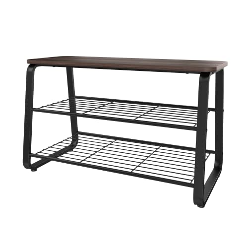 ClosetMaid 3-Tier Shoe Rack Bench - Metal Frame, Wire Shelves, Wood Seat - Entryway, Hallway, Living Room, Mudroom Organizer - Modern Walnut Finish