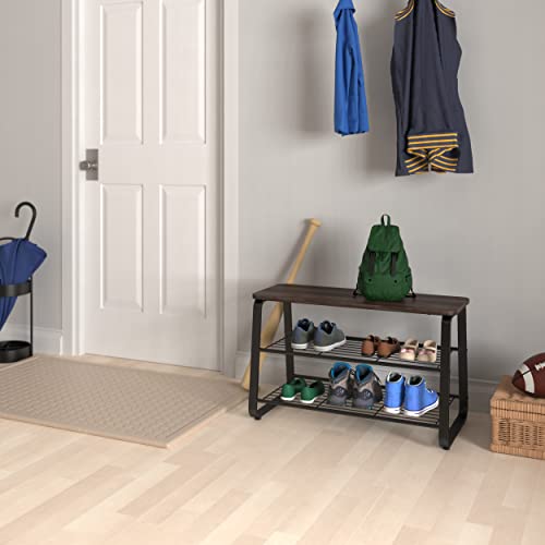 ClosetMaid 3-Tier Shoe Rack Bench - Metal Frame, Wire Shelves, Wood Seat - Entryway, Hallway, Living Room, Mudroom Organizer - Modern Walnut Finish