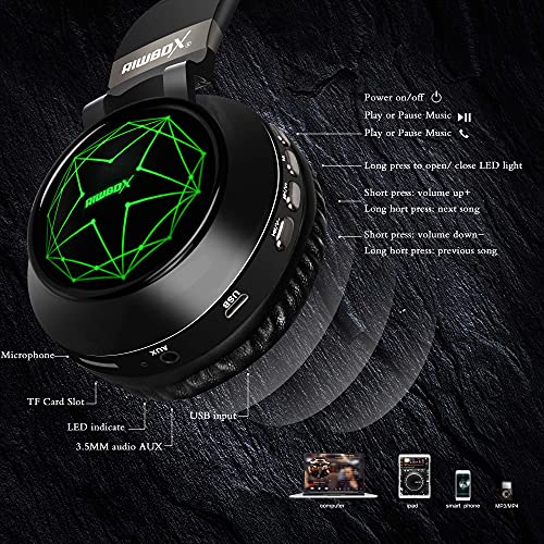 Riwbox WT-8S Bluetooth Headphones, LED Light Up Wireless Headphones Over Ear Hi-Fi Stereo Foldable Wireless/Wired Headsets with Mic and TF-Card Compatible for iPhone ipad Kindle Laptop TV (Black)