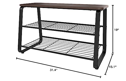 ClosetMaid 3-Tier Shoe Rack Bench - Metal Frame, Wire Shelves, Wood Seat - Entryway, Hallway, Living Room, Mudroom Organizer - Modern Walnut Finish