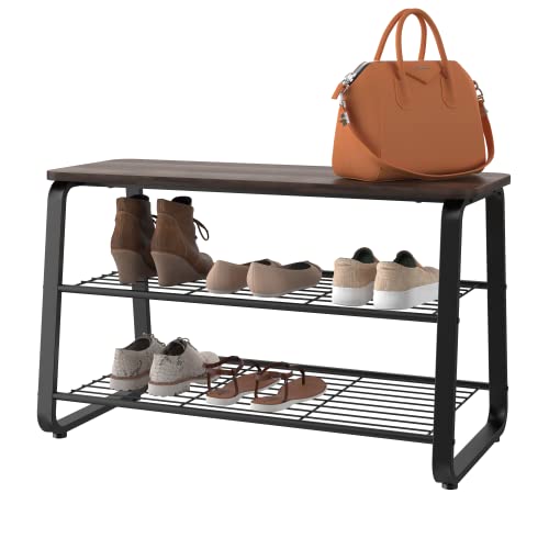 ClosetMaid 3-Tier Shoe Rack Bench - Metal Frame, Wire Shelves, Wood Seat - Entryway, Hallway, Living Room, Mudroom Organizer - Modern Walnut Finish