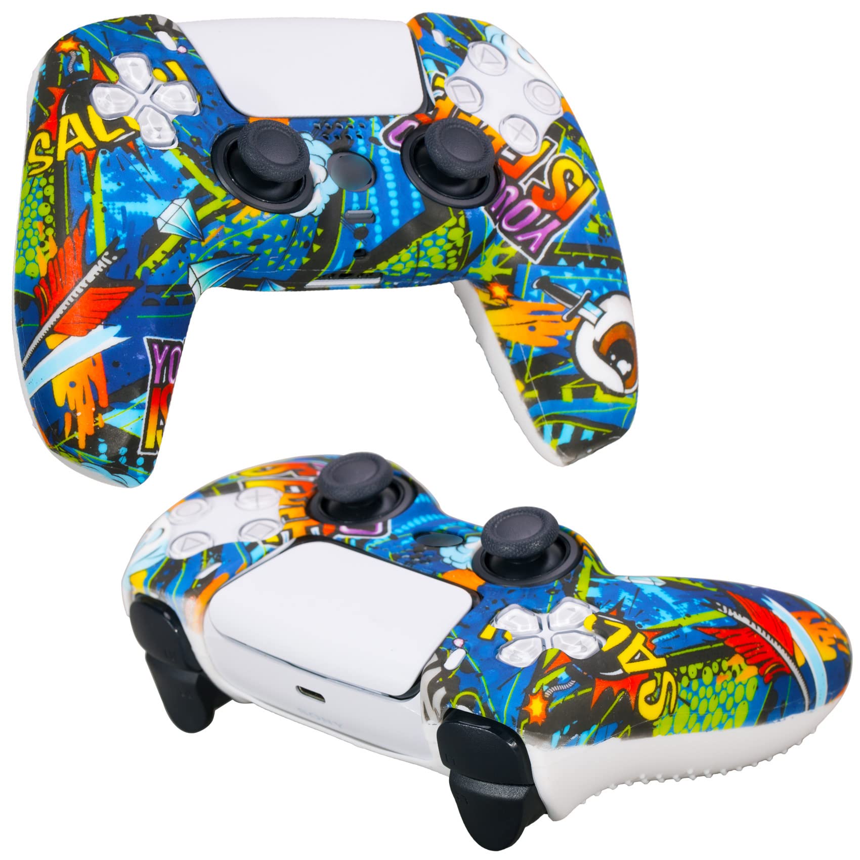 YoRHa Water Transfer Printing Silicone Thickened Cover Skin Case for PS5 Controller x 1(Blue Graffiti) with Thumb Grips x 10
