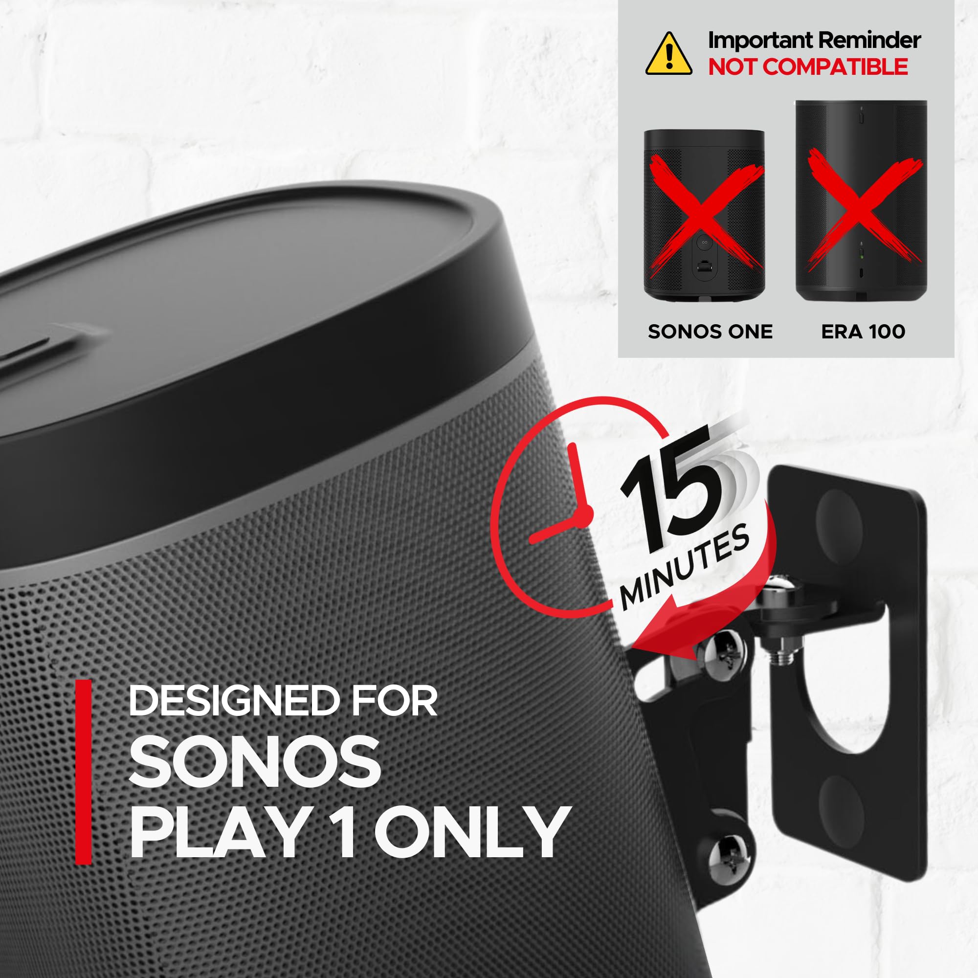 Play 1 Wall Mount, Black, Pair, Compatible with Sonos Play:1 Only, Twin Pack, Adjustable Swivel & Tilt Mechanism, 2 Mounting Brackets Includes All Fixings