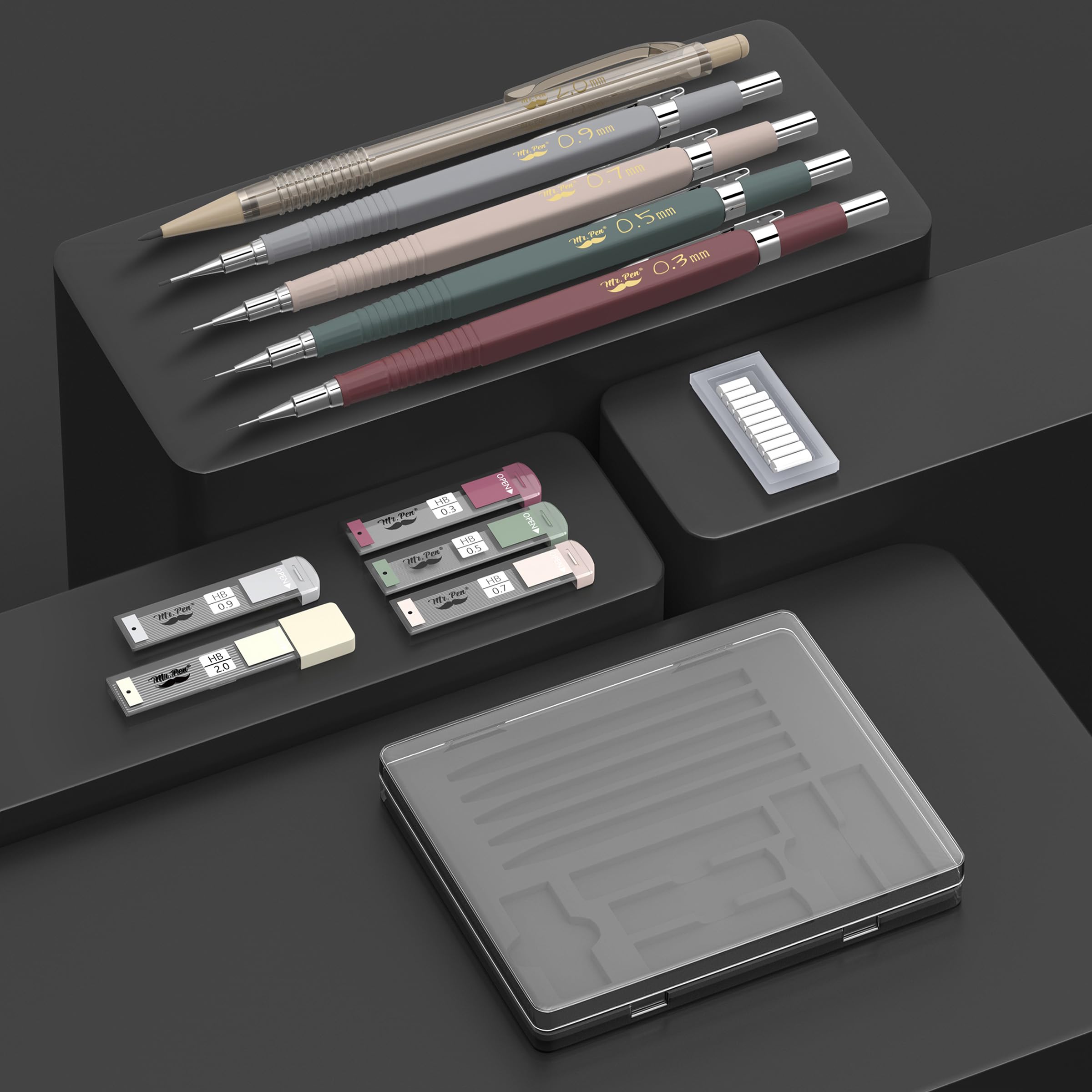 Mr. Pen- Mechanical Pencil Set with Leads and Eraser Refills, 5 Sizes - 0.3, 0.5, 0.7, 0.9 and 2 Millimeters, Sketching Pencils, Drafting Pencil, Mechanical Pencils for Drawing and Sketching