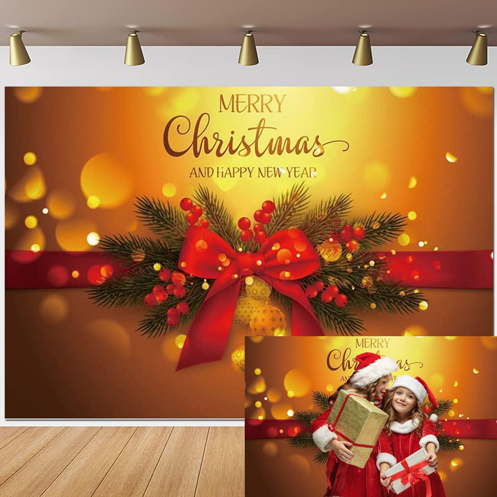 Yeele 5x3ft Christmas Backdrop for Party Happy New Year Red Bow Pine Cones Gold Lighting Lantern Balls Vinyl Background Kids Xmas Party Decorations Banner Photo Booth Props