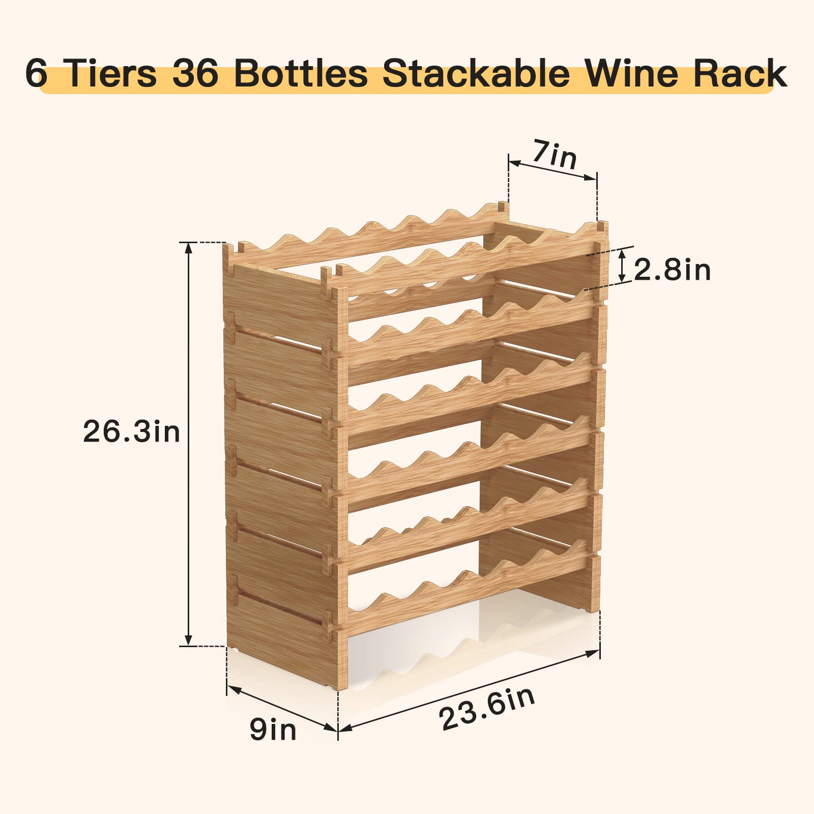 JOHAHTANG 36 Bottle Stackable Wine Rack - 6-Tier Bamboo Wine Bottle Rack for Bar, Kitchen and Cellar Wine Bottle Display Rack