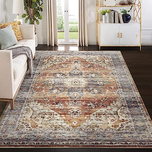 ROYHOME Area Rug 8x10 Machine Washable Rug Traditional Distressed Carpet Stain Resistant Non-Slip Floor Cover Carpet Rug Oriental Medallion Accent Rug for Living Room Bedroom Dining Room, Orange