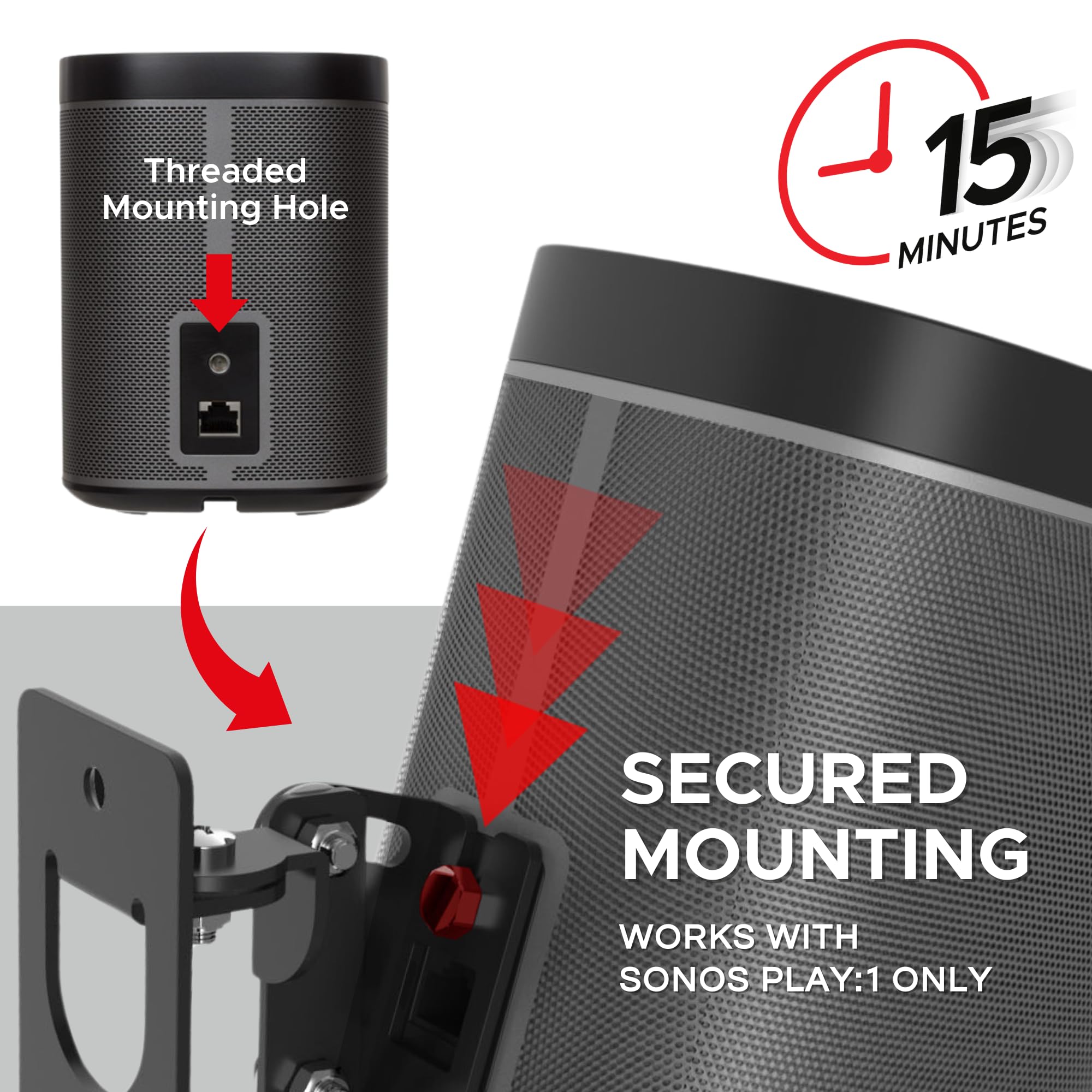 Play 1 Wall Mount, Black, Pair, Compatible with Sonos Play:1 Only, Twin Pack, Adjustable Swivel & Tilt Mechanism, 2 Mounting Brackets Includes All Fixings