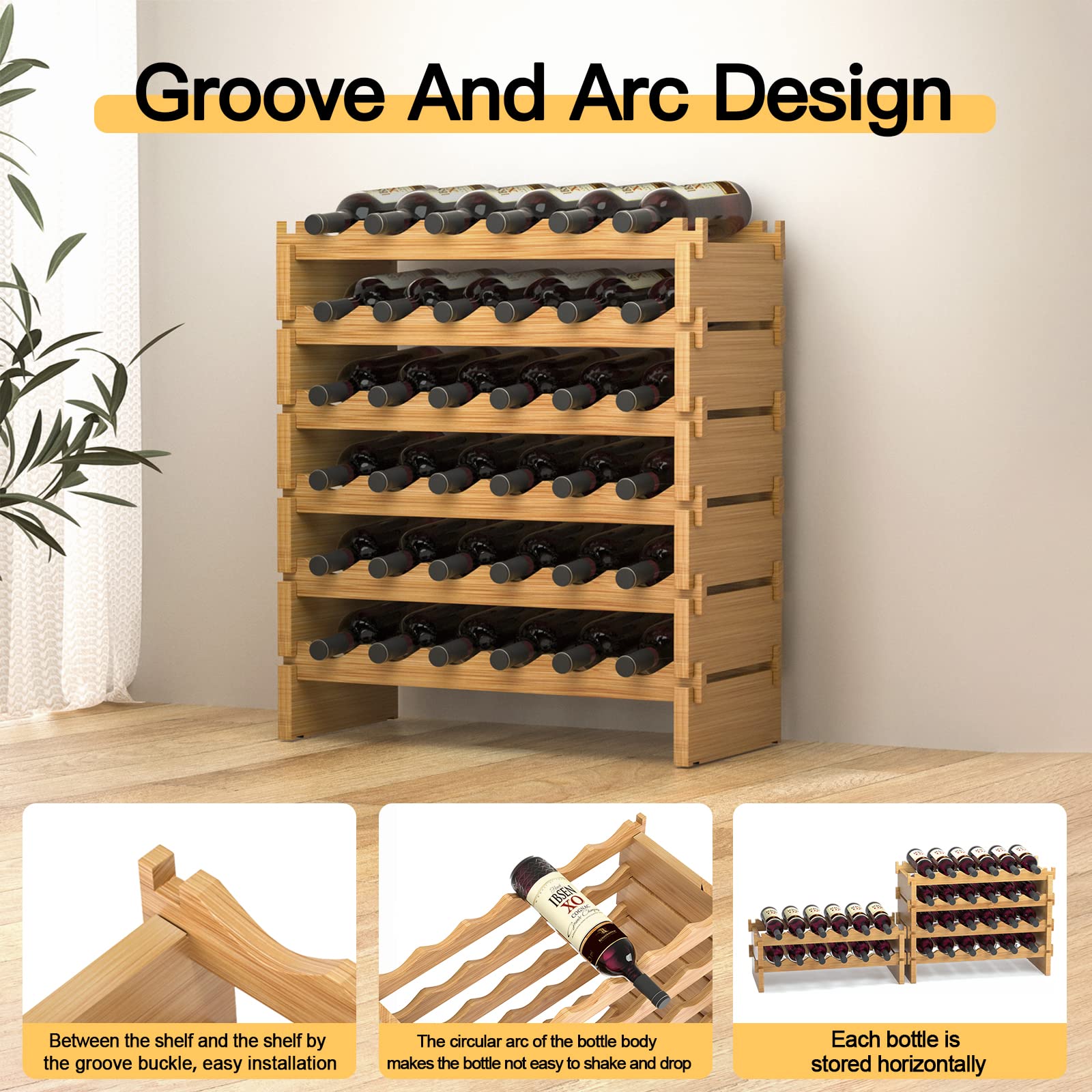 JOHAHTANG 36 Bottle Stackable Wine Rack - 6-Tier Bamboo Wine Bottle Rack for Bar, Kitchen and Cellar Wine Bottle Display Rack