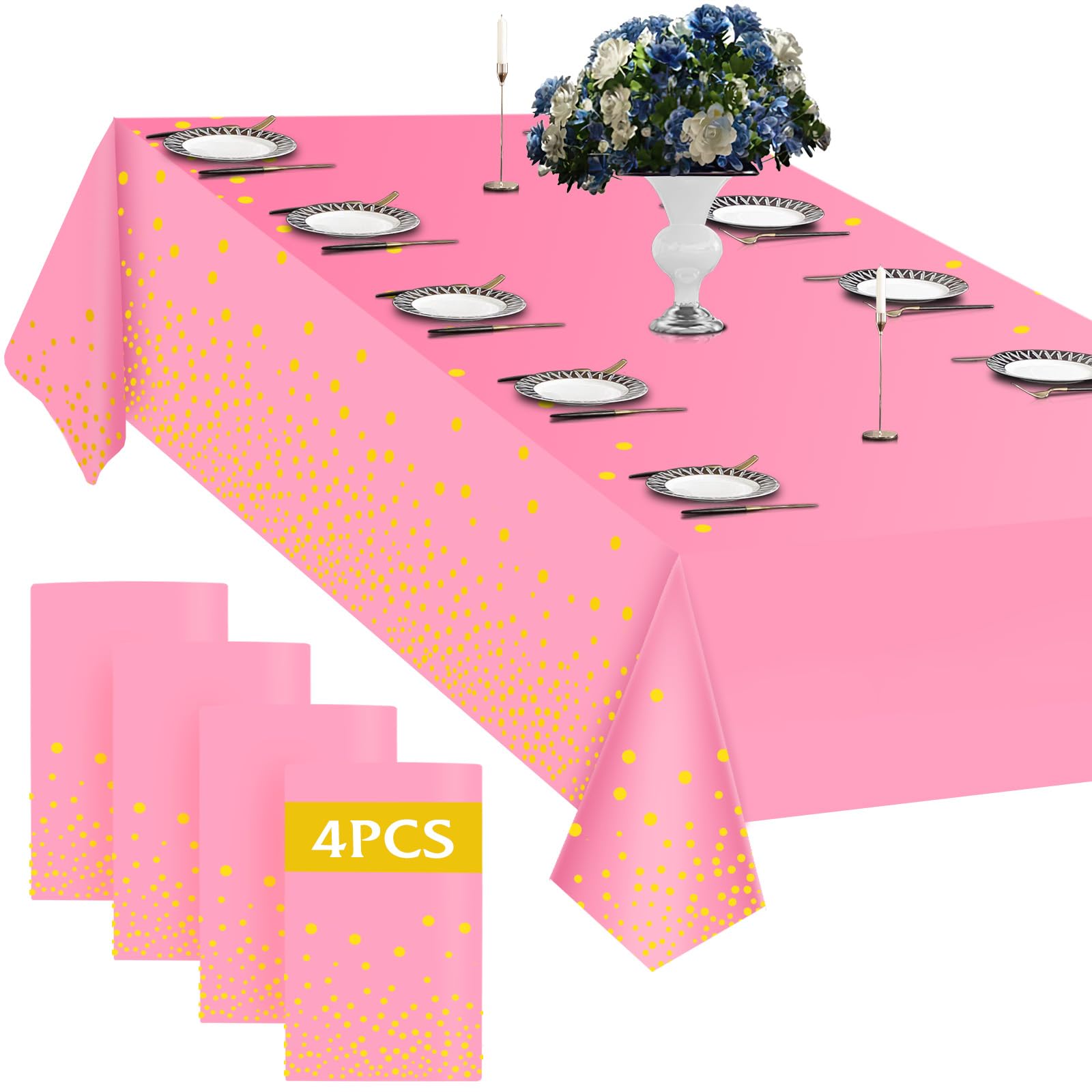 4 Pack Plastic Table Cloth Cover for Parties Disposable, Pink and Gold Tablecloth for 8 Foot Rectangle Tables, Birthday Wedding Graduation Father Valentine's Day Easter Party Supplies Decorations