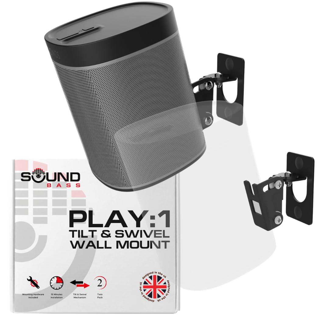Play 1 Wall Mount, Black, Pair, Compatible with Sonos Play:1 Only, Twin Pack, Adjustable Swivel & Tilt Mechanism, 2 Mounting Brackets Includes All Fixings