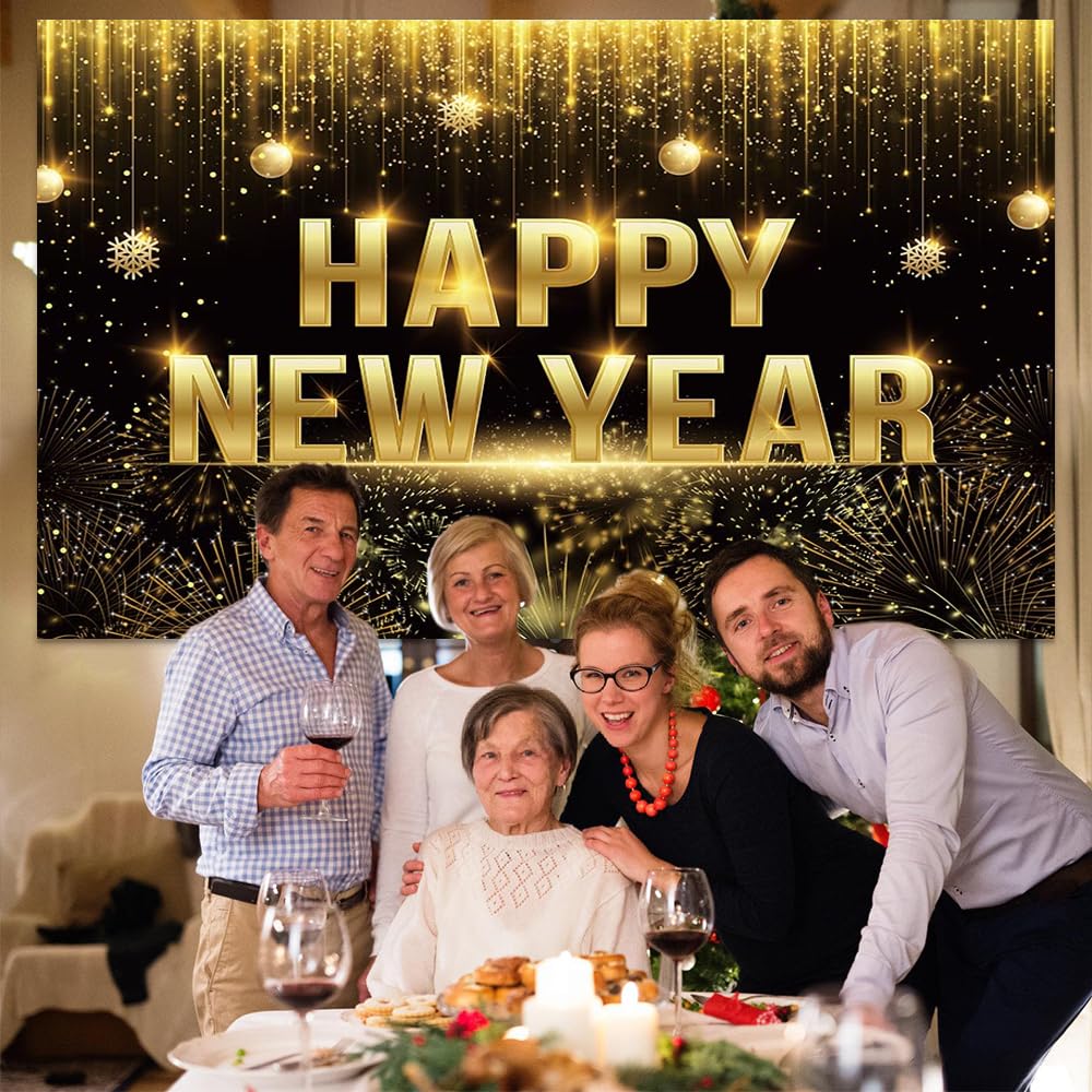 AIBIIN 7x5ft Happy New Year Backdrop Black Gold Glitter Bokeh Fireworks Photography Background Golden Sparkle Spots 2025 New Year Party Decoration Photo Studio Booth Props