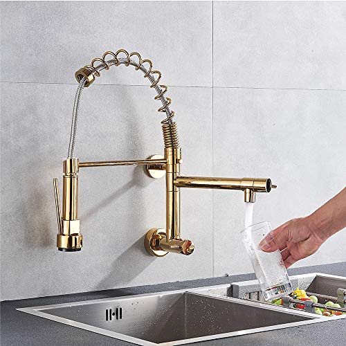 Kitchen Sink Faucet for Bar Farmhouse Commercial, Golden/Brushed Nickel/Chrome Spring Kitchen Faucet, Swivel Side Sprayer Dual Spout Kitchen Tap, 360 Rotation Kitchen Sink Cold Water Faucet (Color :