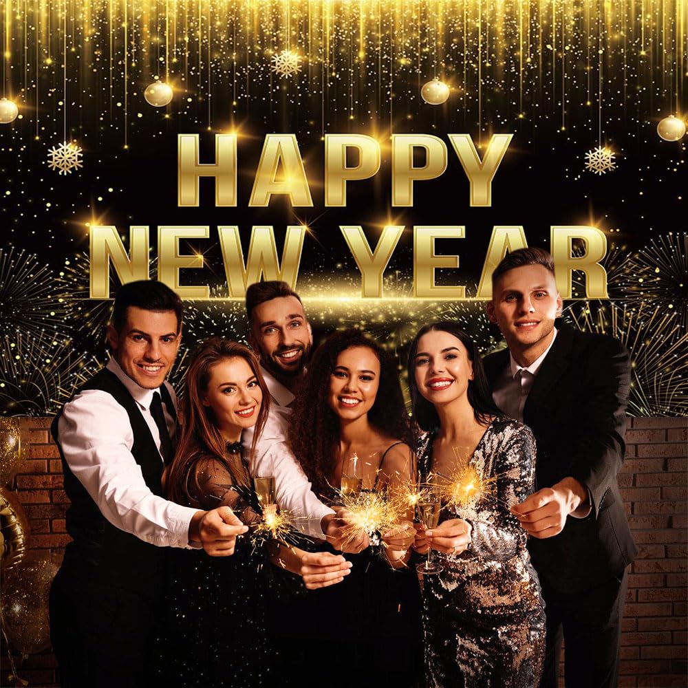 AIBIIN 7x5ft Happy New Year Backdrop Black Gold Glitter Bokeh Fireworks Photography Background Golden Sparkle Spots 2025 New Year Party Decoration Photo Studio Booth Props