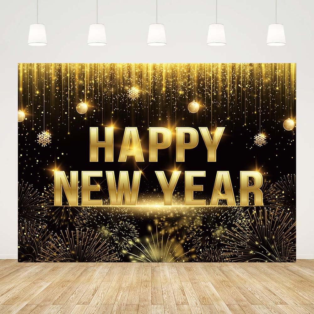 AIBIIN 7x5ft Happy New Year Backdrop Black Gold Glitter Bokeh Fireworks Photography Background Golden Sparkle Spots 2025 New Year Party Decoration Photo Studio Booth Props