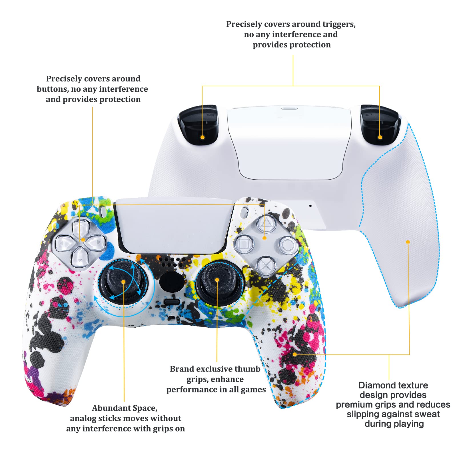 YoRHa Grip Texture Silicone Skin for PS5 Controller x 2(Graffiti) with Pro Thumb Grips x 8