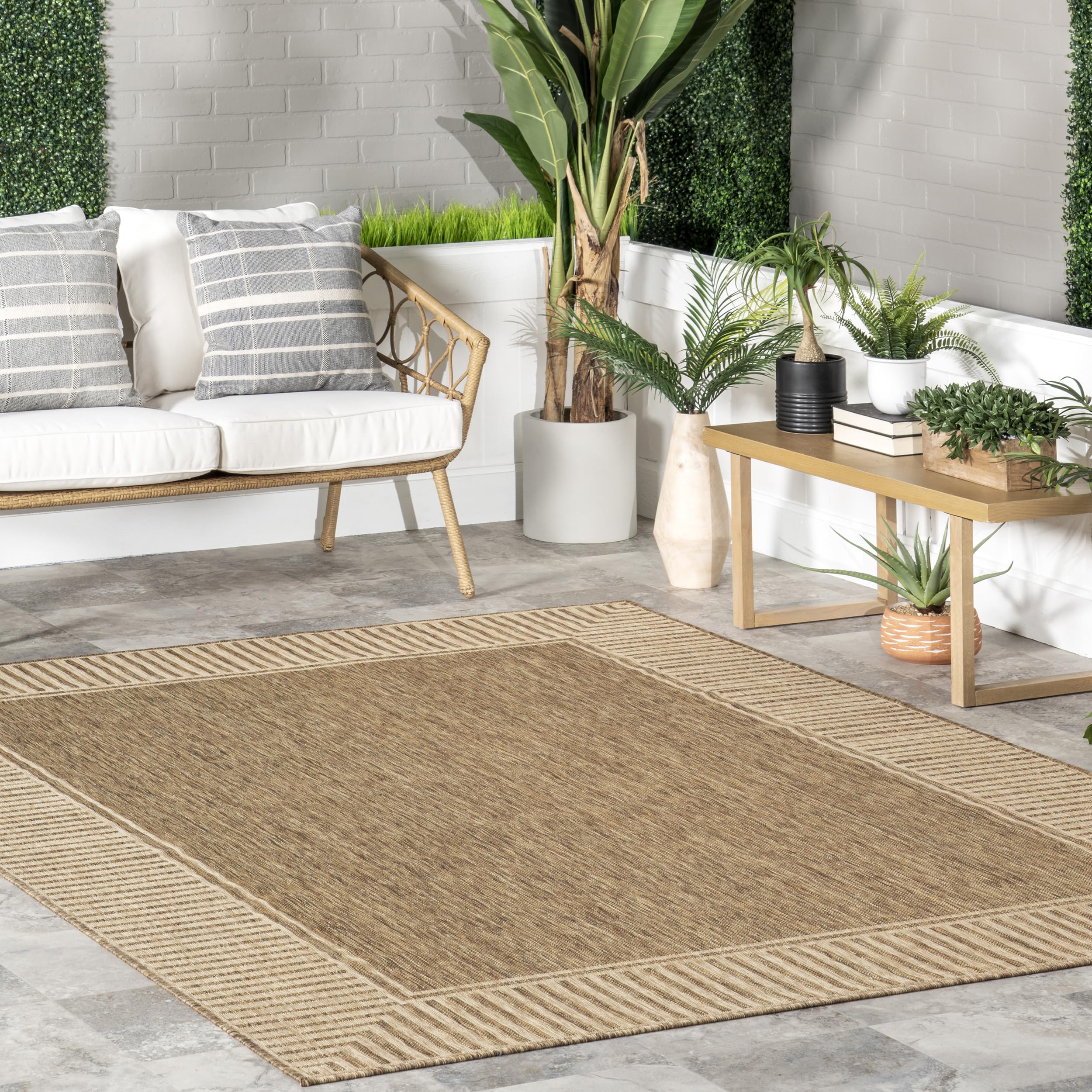 nuLOOM 8' x 10' Outdoor Area Rug, Casual Design With Striped Border, Stain Resistant, Highly Durable, For Patio, Balcony, Bedroom, Living Room, Dining Room, Bathroom, Light Brown