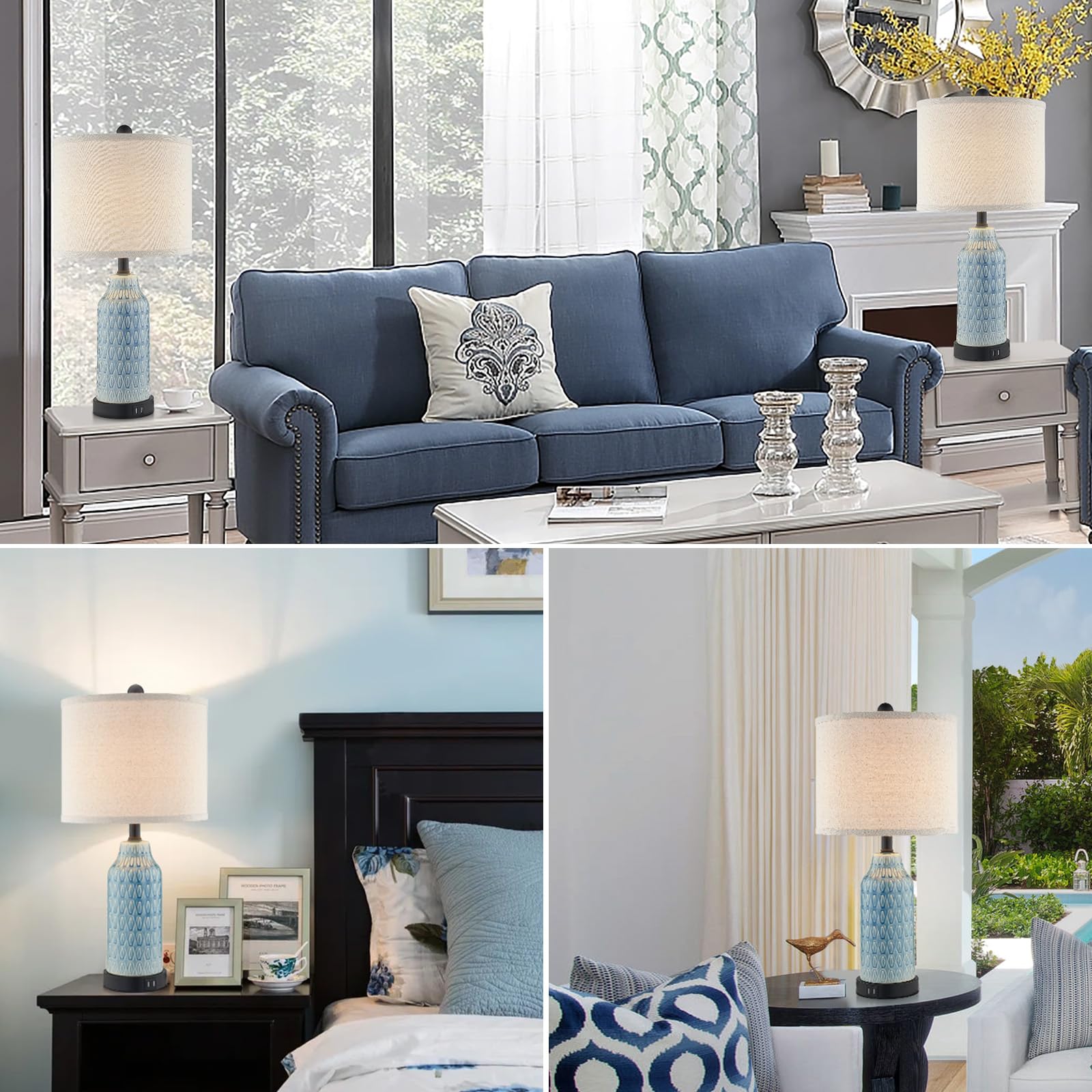 Cinkeda Ceramic Table Lamps for Bedroom Set of 2,Touch Lamp with USB Ports for Nightstand, 3-Way Dimmable Blue Coastal Bedside Lamps for Bedroom Living Room End Table Side Table(Bulbs Included)