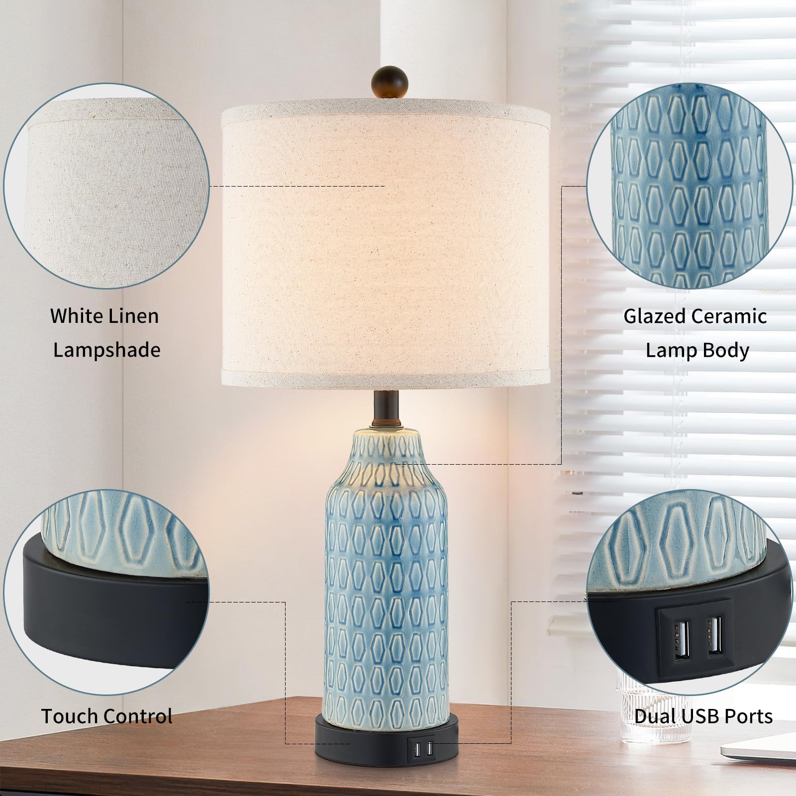 Cinkeda Ceramic Table Lamps for Bedroom Set of 2,Touch Lamp with USB Ports for Nightstand, 3-Way Dimmable Blue Coastal Bedside Lamps for Bedroom Living Room End Table Side Table(Bulbs Included)