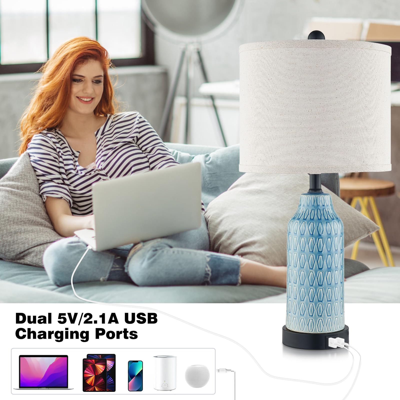 Cinkeda Ceramic Table Lamps for Bedroom Set of 2,Touch Lamp with USB Ports for Nightstand, 3-Way Dimmable Blue Coastal Bedside Lamps for Bedroom Living Room End Table Side Table(Bulbs Included)