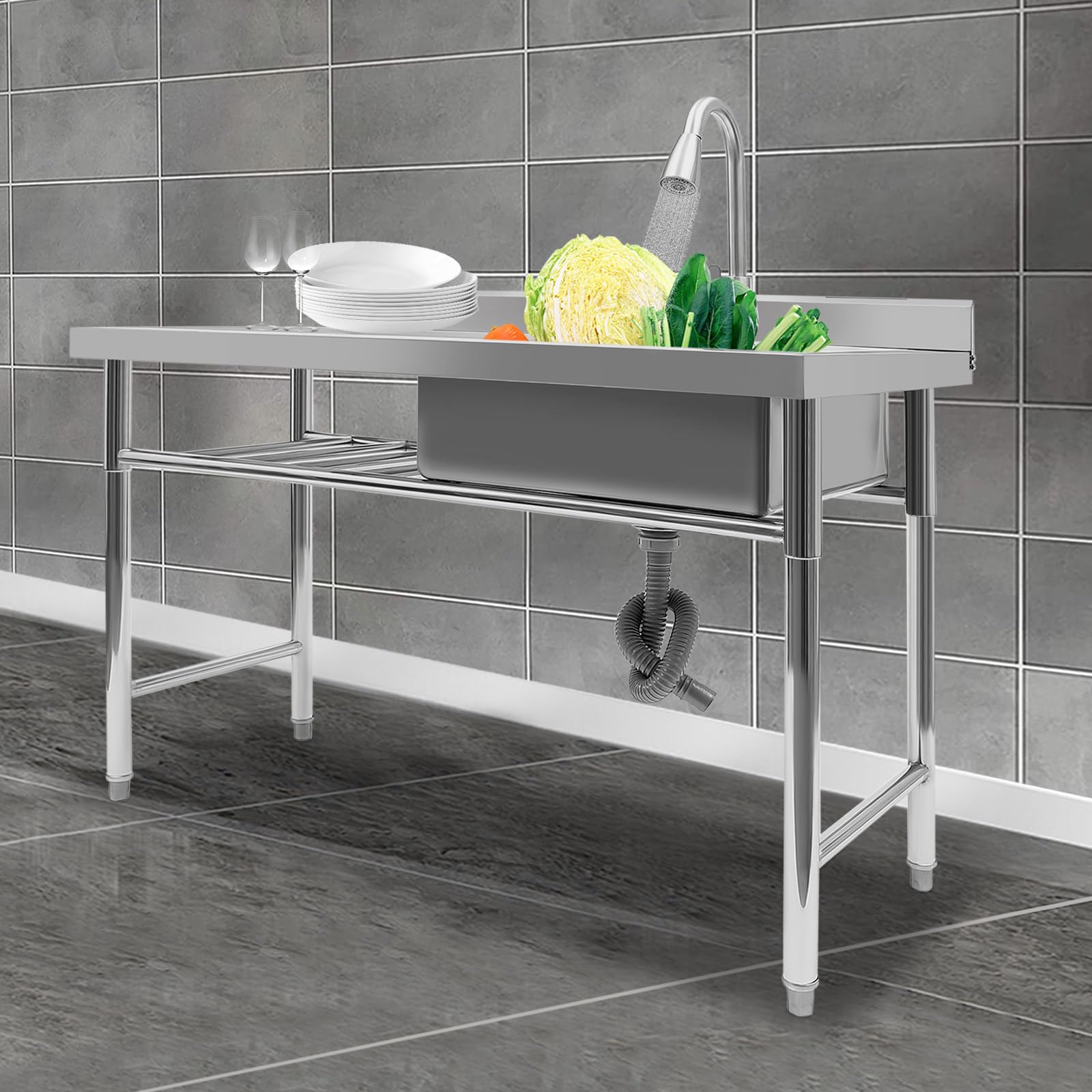 Goudergo Commercial Restaurant Sink with Faucet,Stainless Steel Utility Sink Free-standing Kitchen Sink,single Bowl Kitchen Sinks with Strainer for Homes and Restaurants