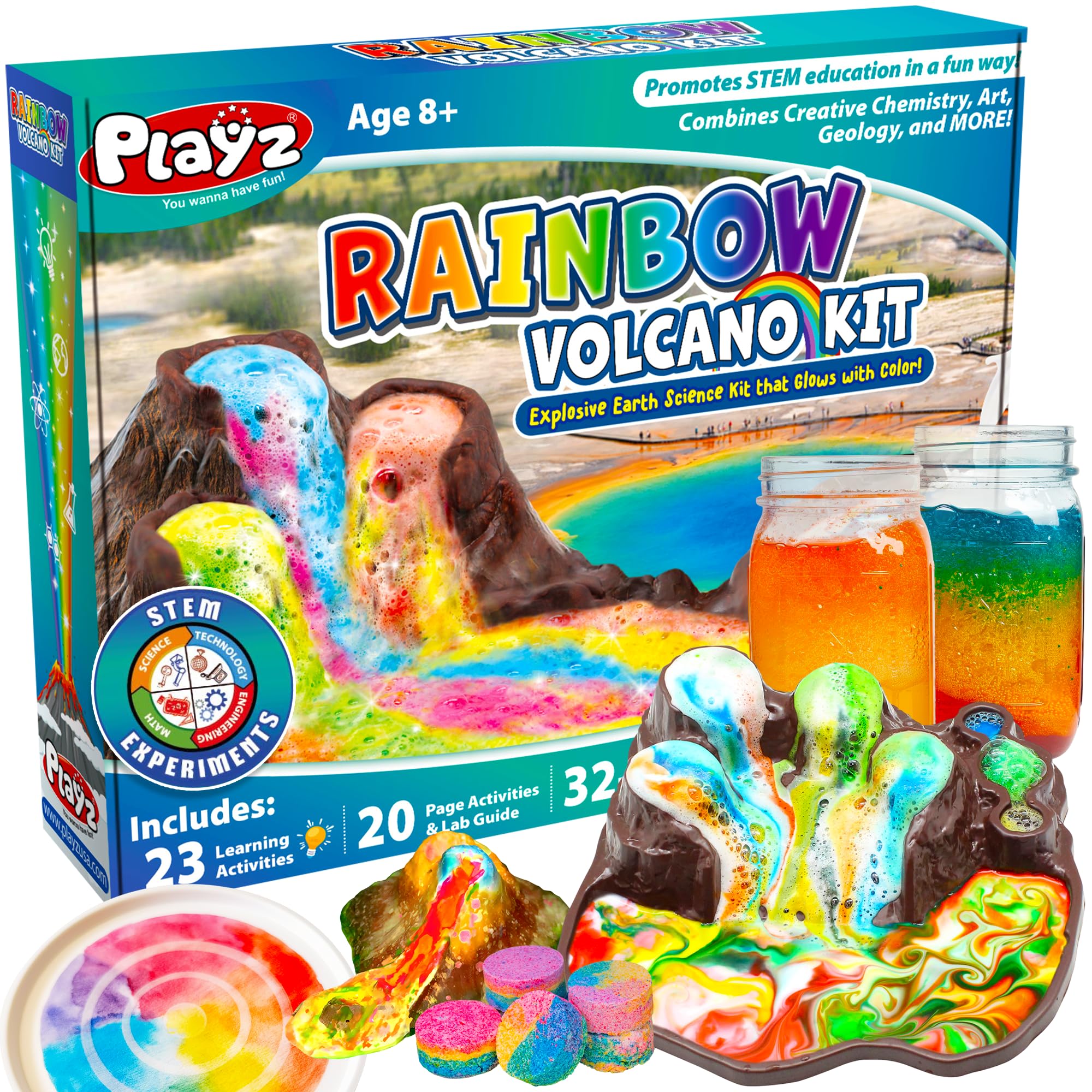 Playz Explosive Rainbow Volcano Kit for Kids with 23+ Science Chemistry Set Activities & Experiments, Glow in The Dark Learning & Education Toys, & Earth Science Kits for Kids Age 8-12, Boys, & Girls