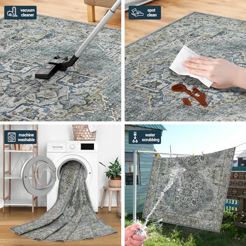 Area Rug Living Room Rugs, 8x10 Machine Washable Rug, Boho Large Rug with Non-Slip Rubber Backing, Non-Shedding Stain Resistant, Indoor Carpet for Bedroom Dining Room Nursery Home Office (Grey)