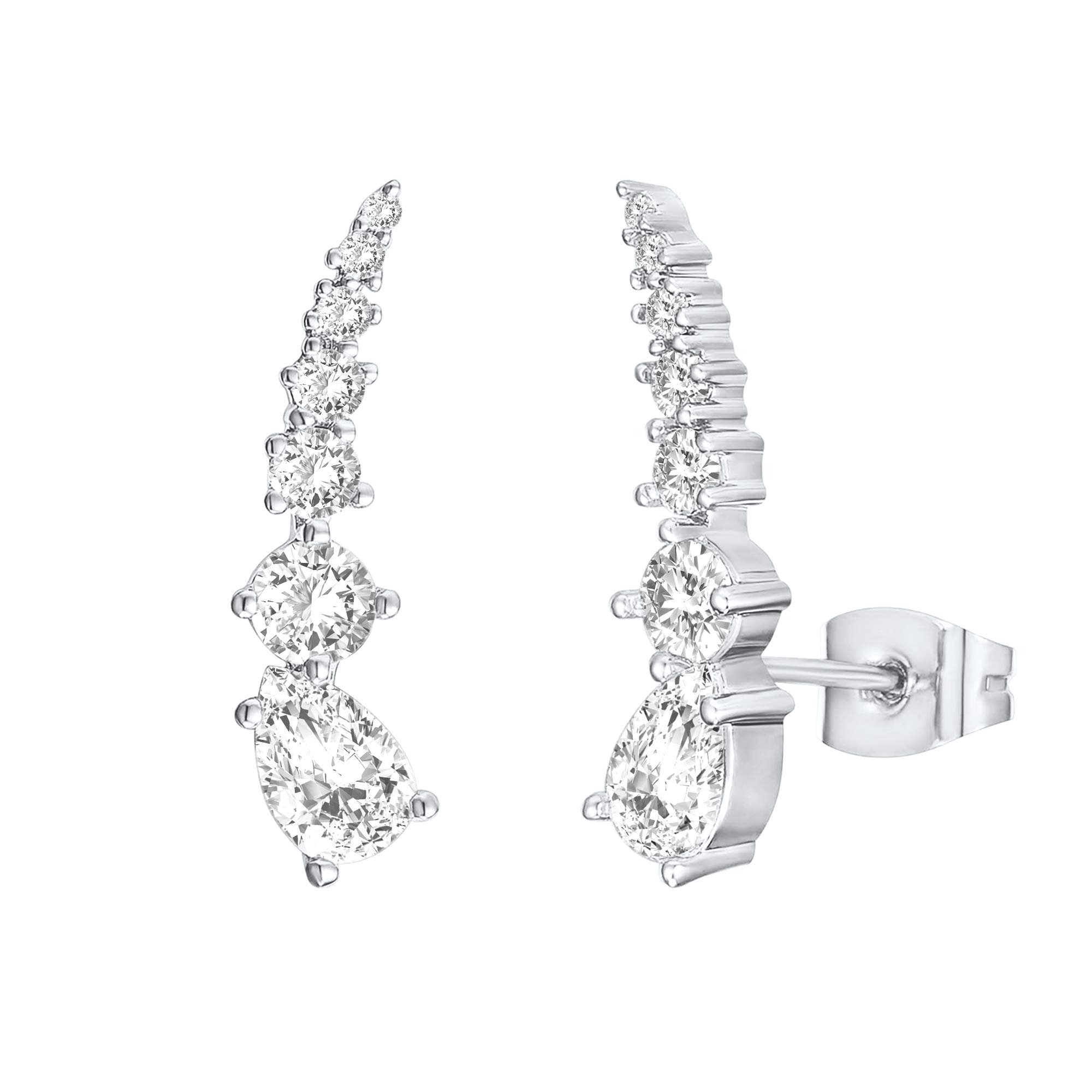 PAVOI 14K Gold Plated Sterling Silver Post Cubic Zirconia Ear Crawler Earrings - Faux Diamond Arrow Ear Climber Fashion Earrings in White Gold