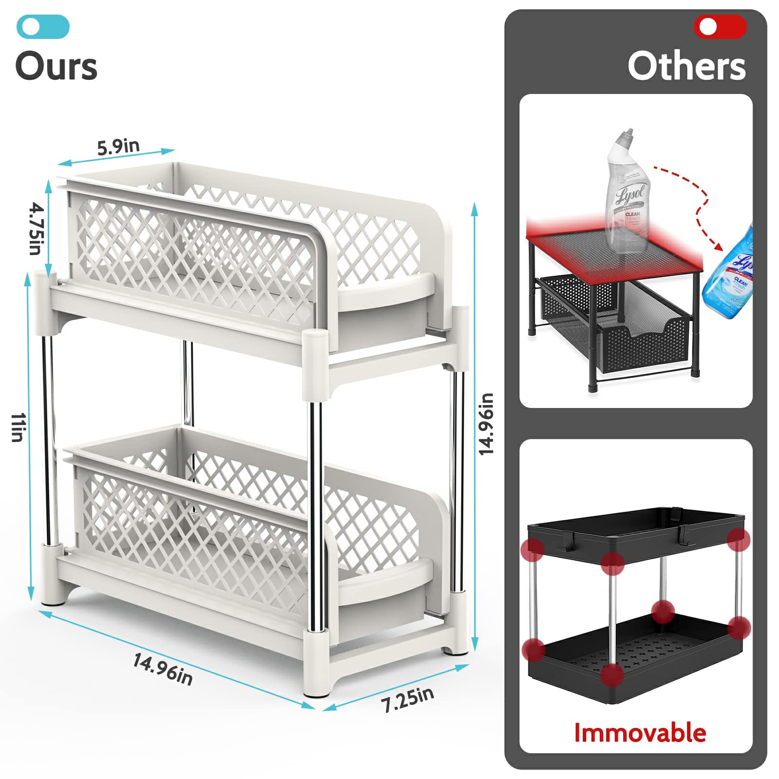 Under Sink Organizers and Storage,2 Tier Pull Out Bathroom Sink Organizer, Sliding Cabinet Basket Organizer with 4 Hooks,2 Hanging Cups, Under Sink Storage for Bathroom, Kitchen, Cleaning Supplies.